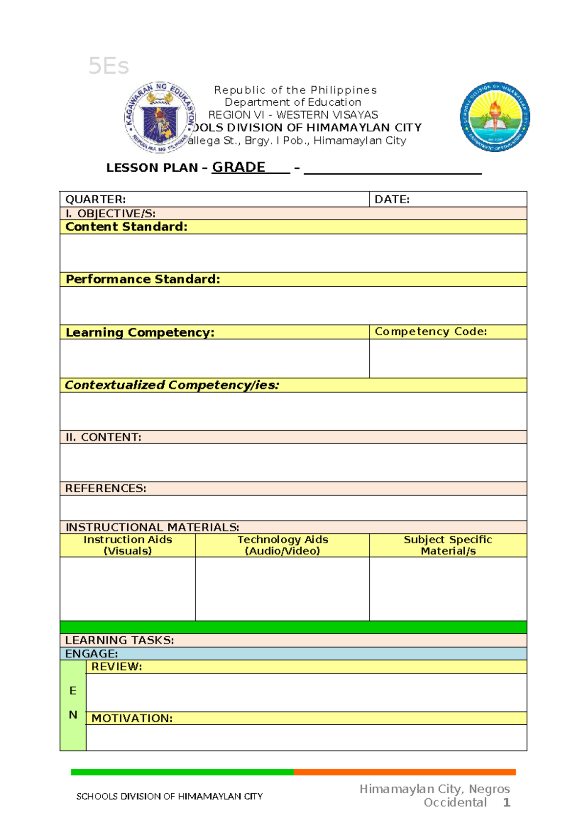 5Es Lesson Plan for Grade I - Quarter 1 (A4) - Studocu
