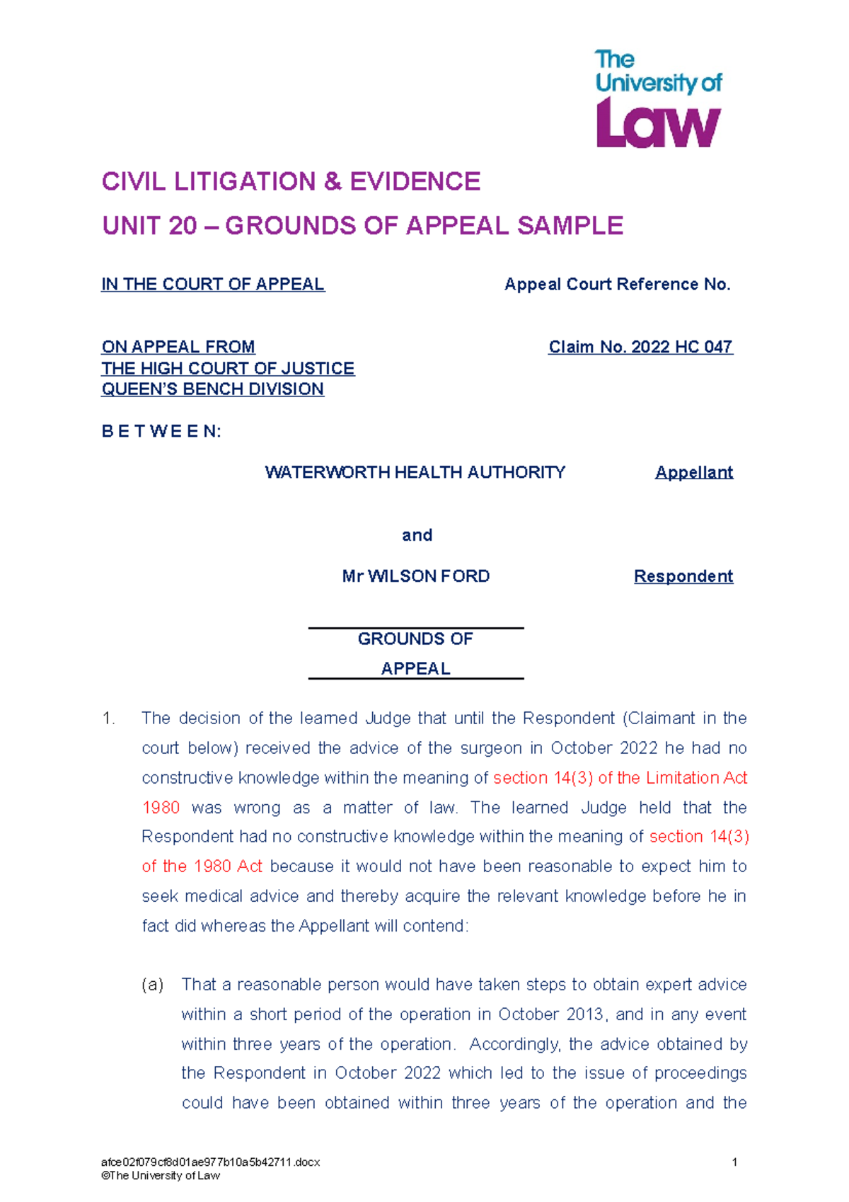CIVIL LITIGATION & EVIDENCE - UNIT 20: Sample Grounds of Appeal - Studocu