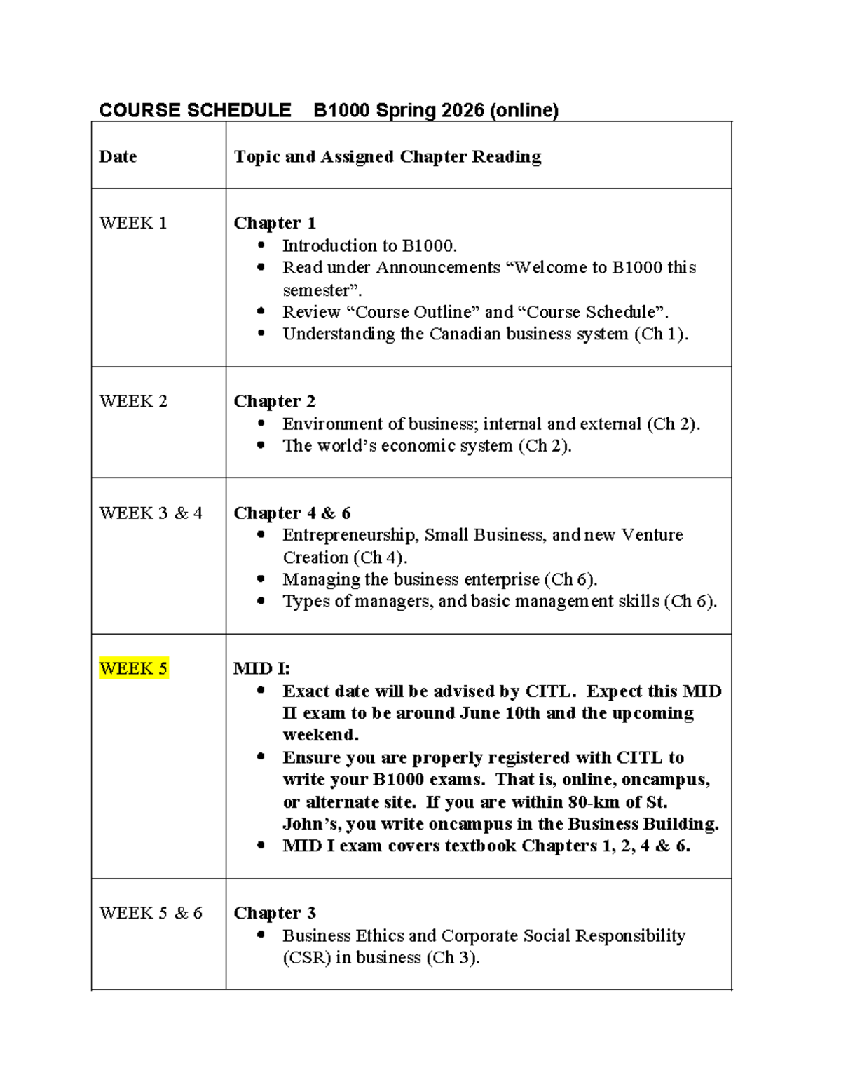 BUS 101 Course Schedule Spring 2026 (Online) - Studocu