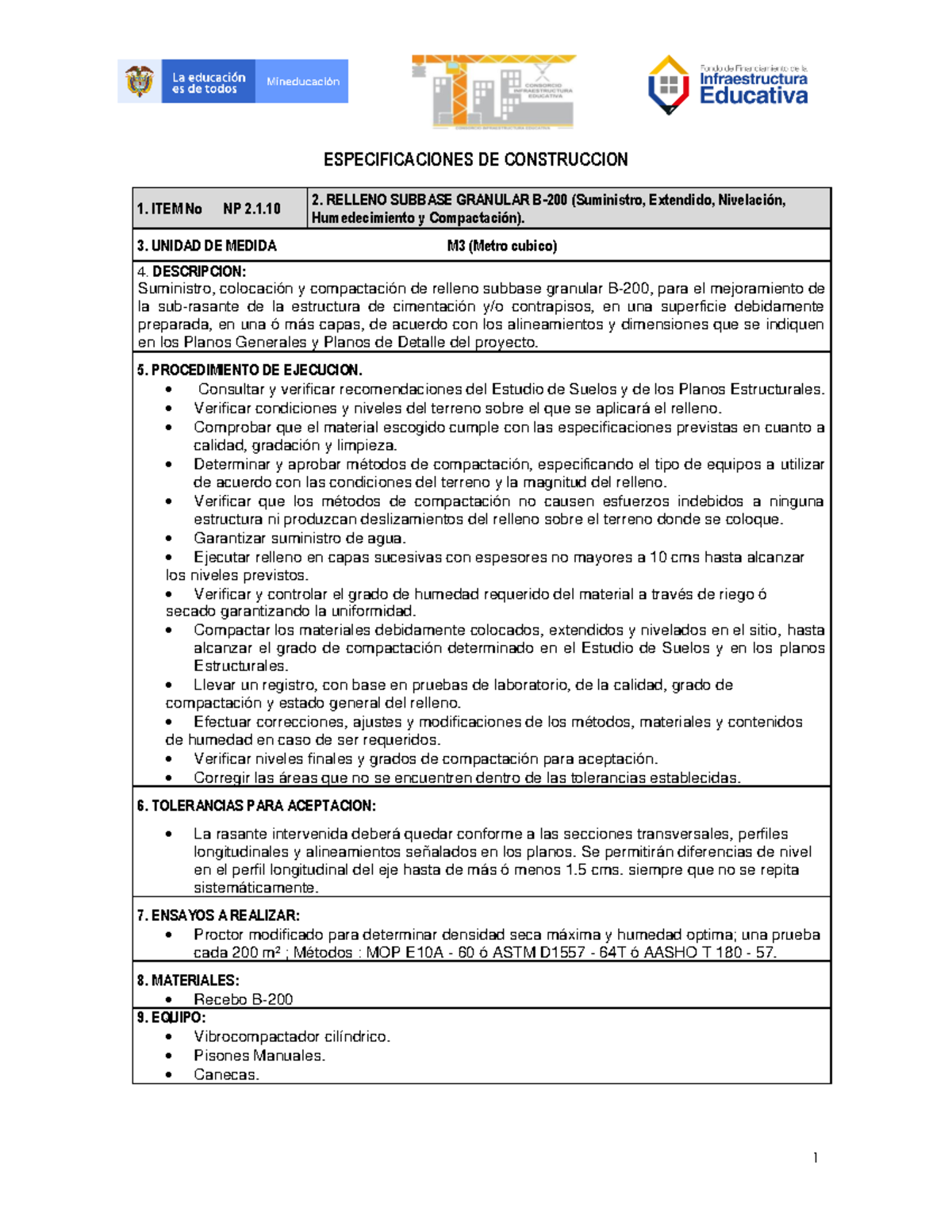 Especificaciones de Construcción para Relleno Subbase Granular B-200 ...