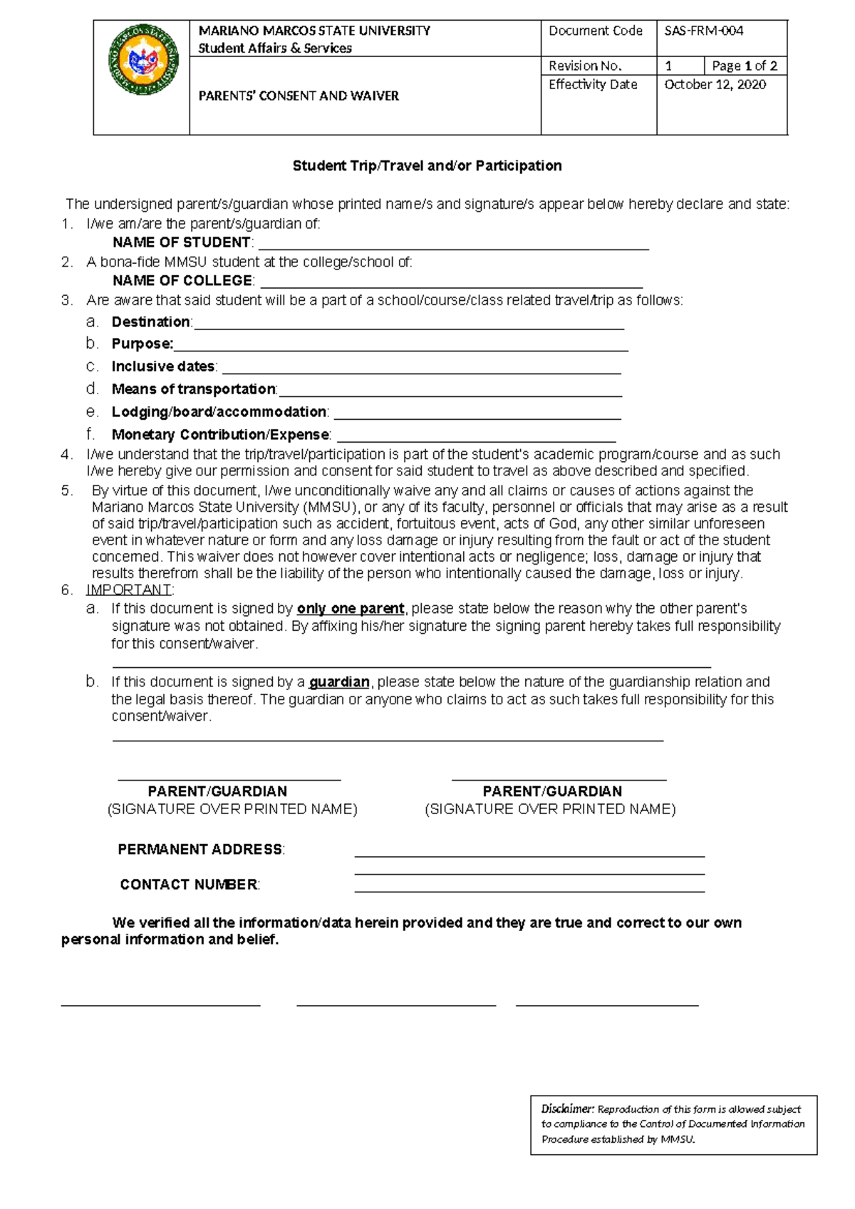 MMSU SAS FRM 004 Parents Consent & Waiver Document - Studocu