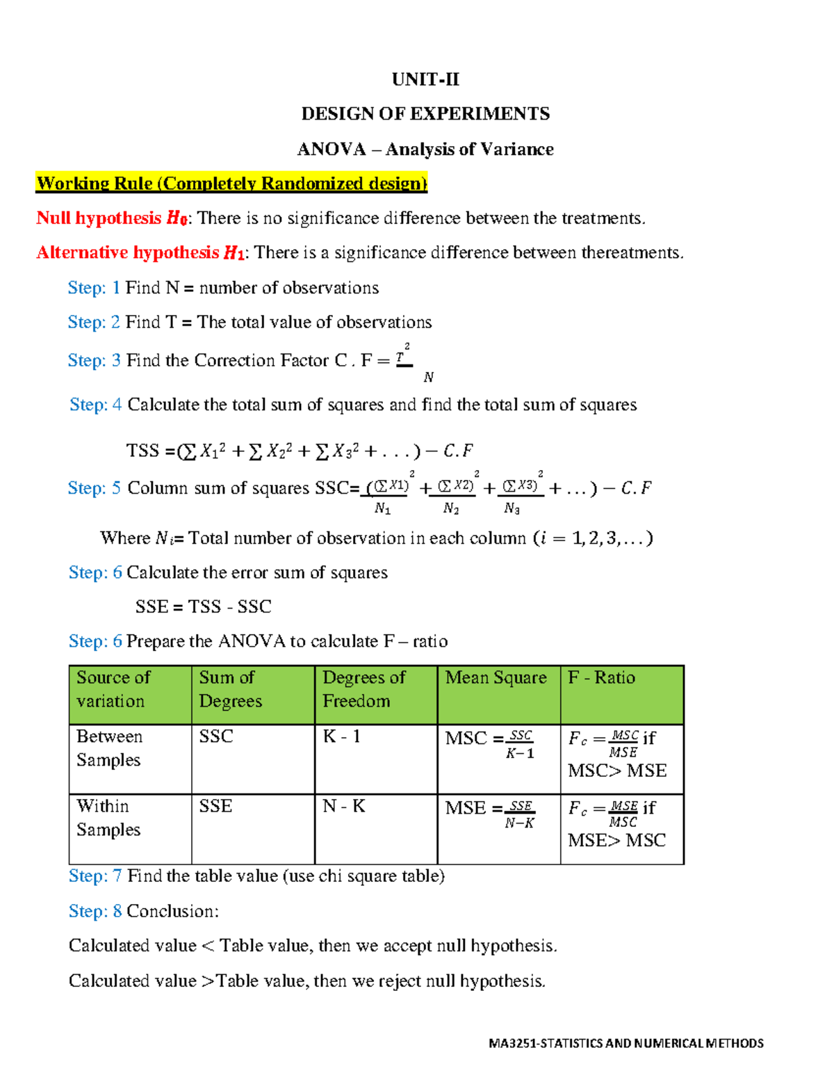 MA3251 Final Exam: Important Questions on ANOVA and CRD Methods - Studocu