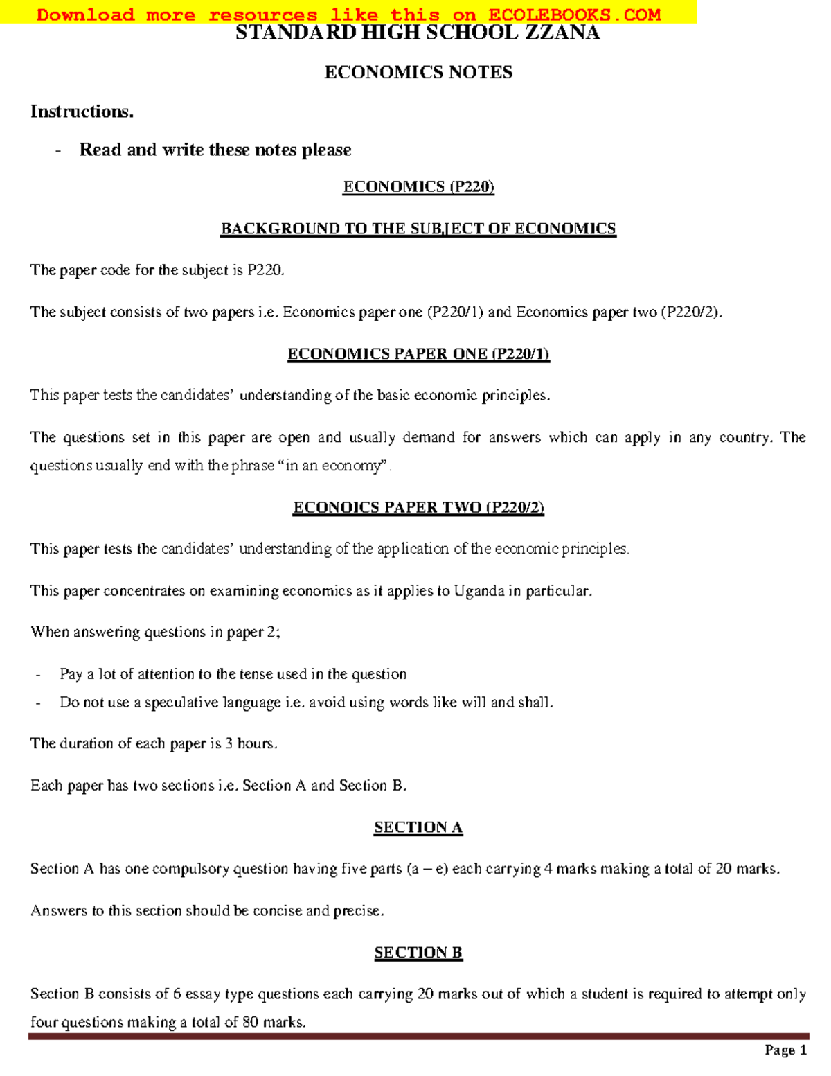 Economics Revision Notes & Past Papers for P220 (S.5) - Studocu