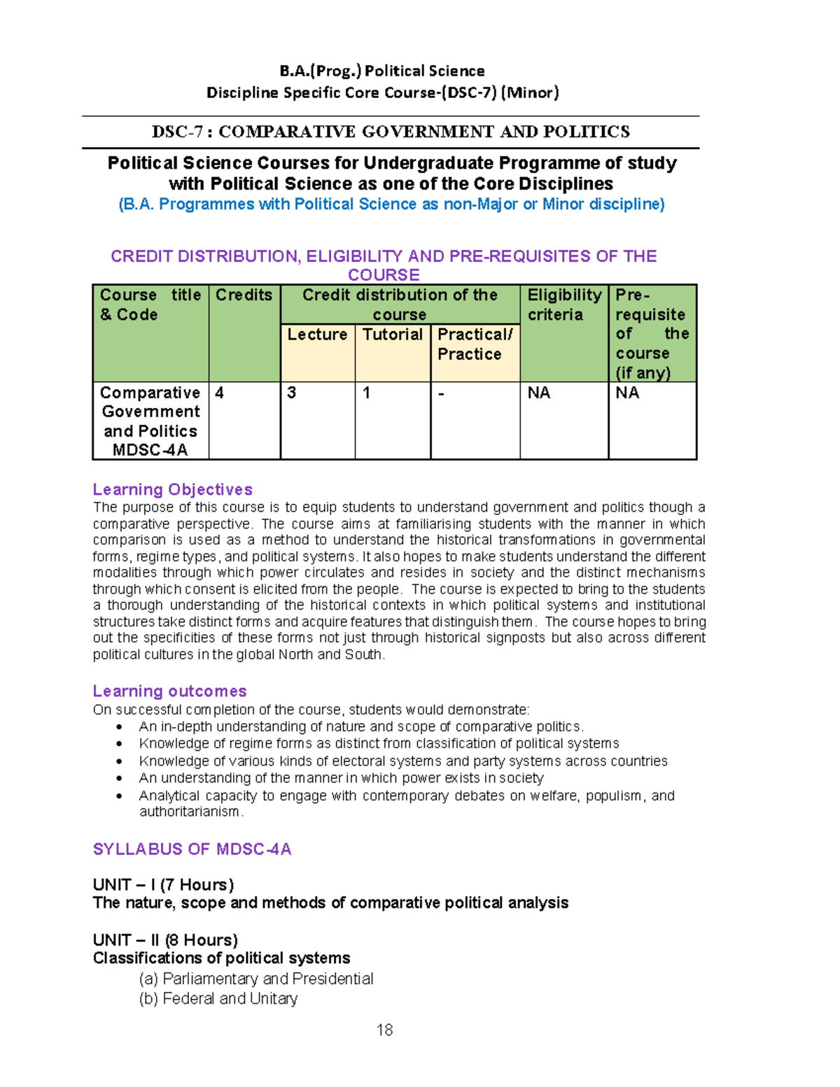 B.A. (Prog.) Political Science Minor: Comparative Government & Politics ...