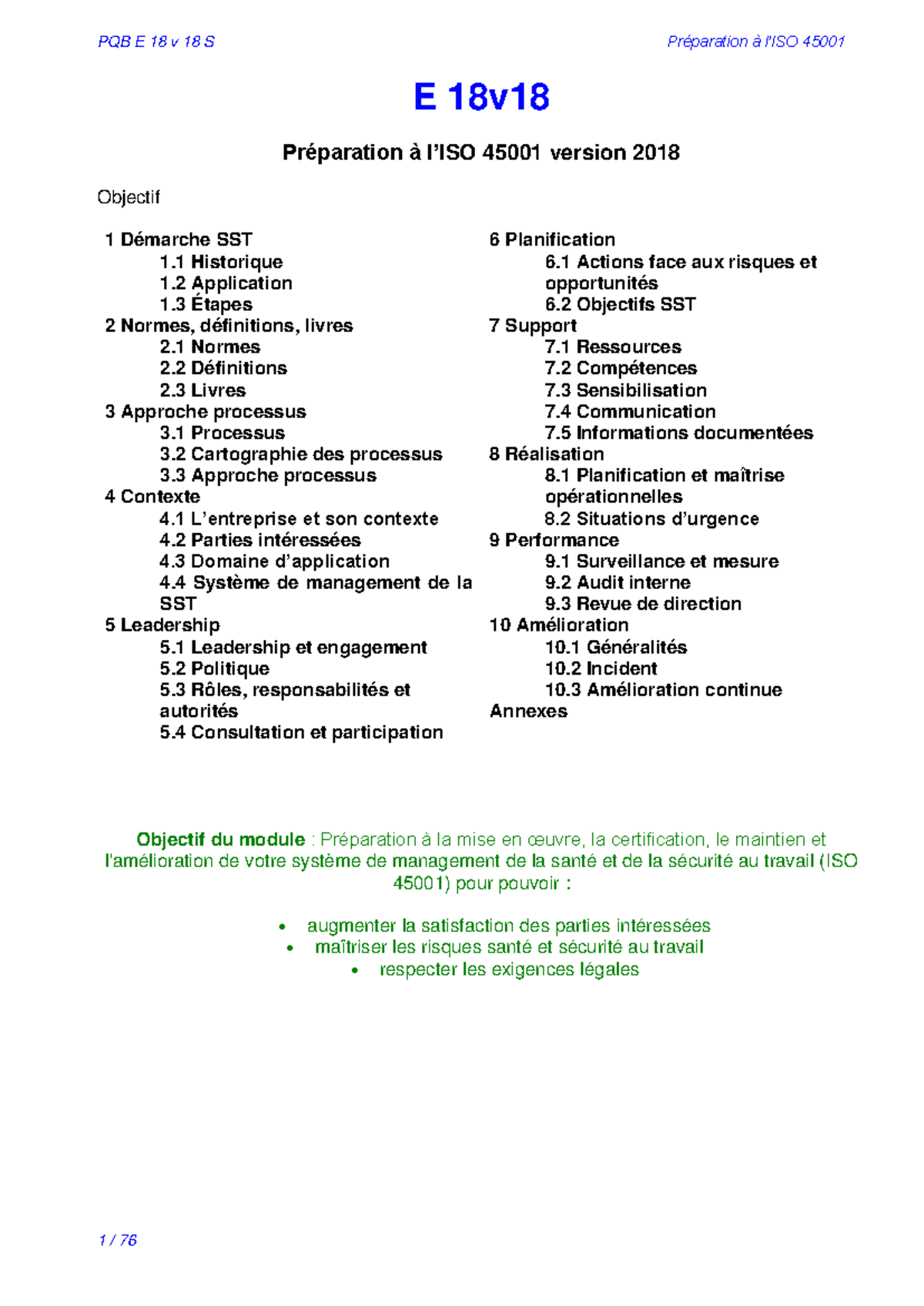 Préparation à l'ISO 45001 : Système de Management SST PQB E 18 v 18 S ...