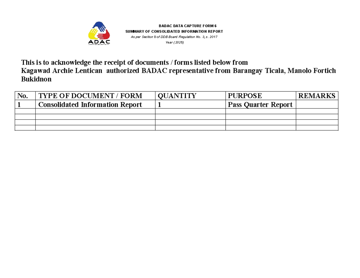 BADAC DATA CAPTURE FORM 6: Summary of Consolidated Info Report - Studocu