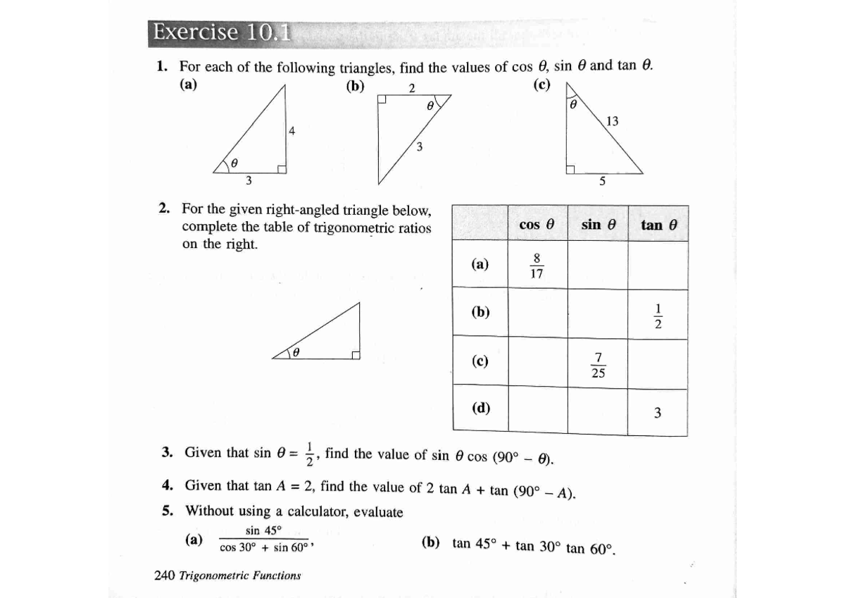 Trigonometry Exercise 10: Values of Sin, Cos, and Tan Functions - Studocu