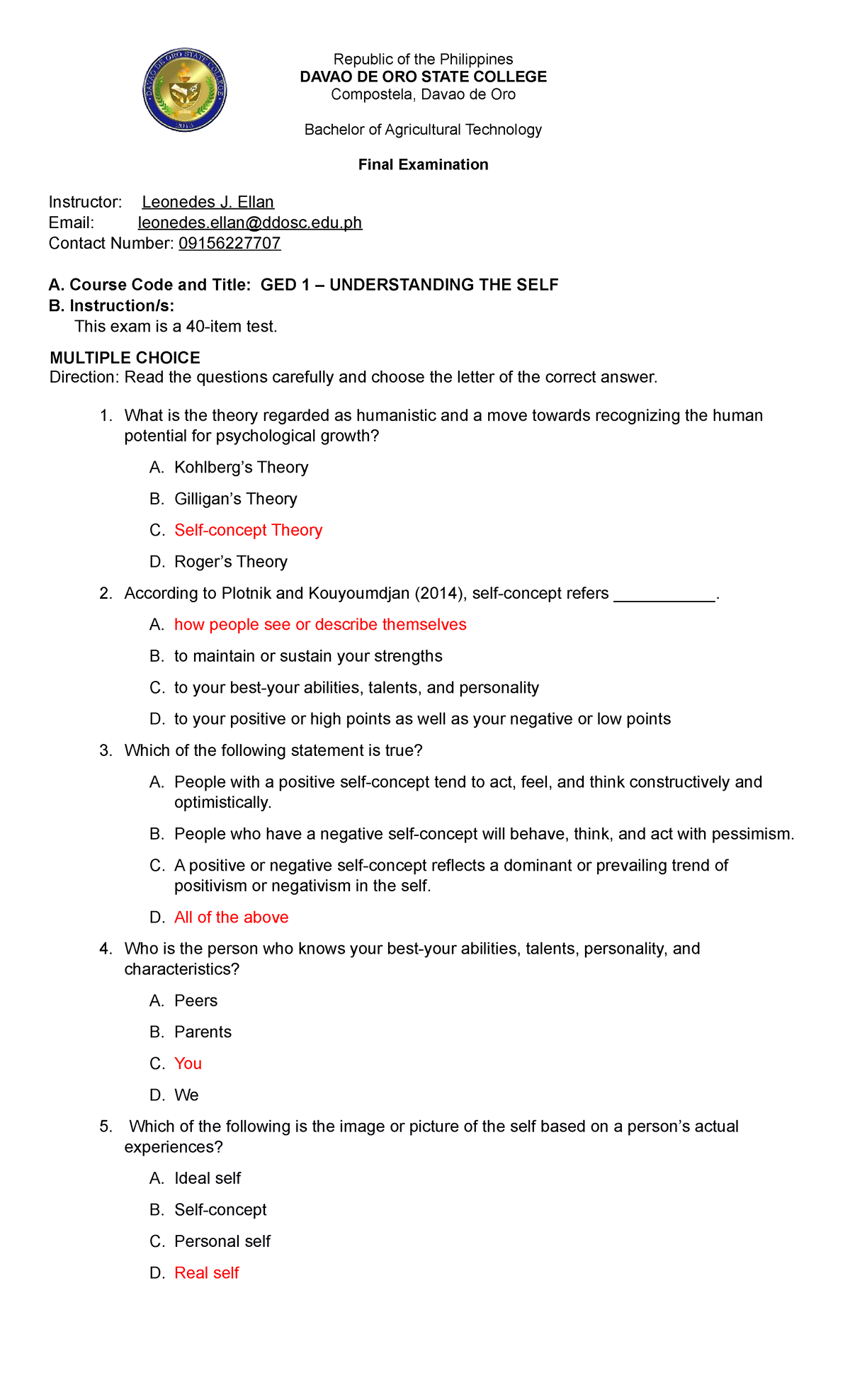 GED 1 Understanding the Self Final Exam with Answer Key - Studocu