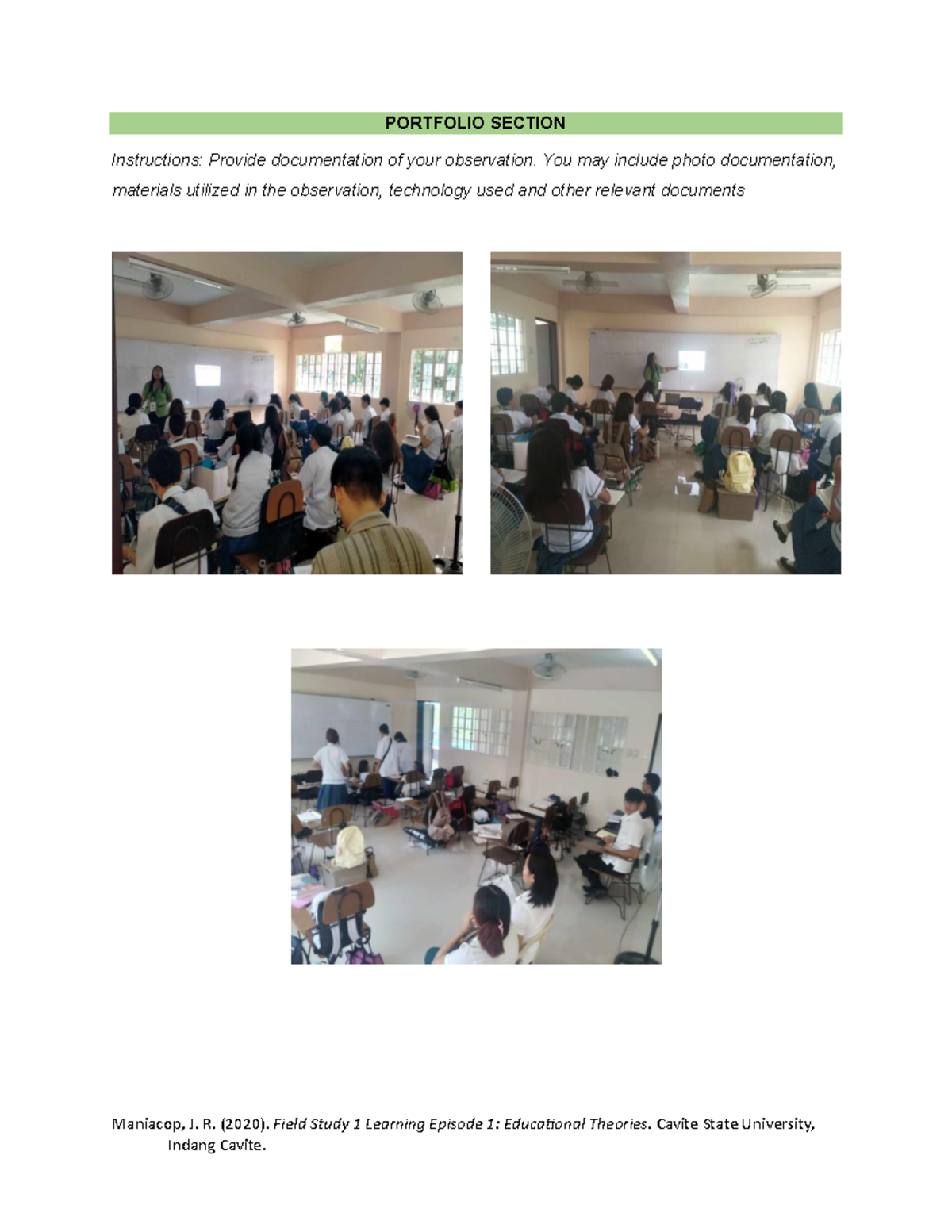 Class discussion - science - Maniacop, J. R. (2020). Field Study 1 ...