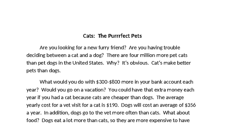 Cats vs. Dogs: Why Cats Make Better Pets (Nicholas Brown Jr) - Studocu