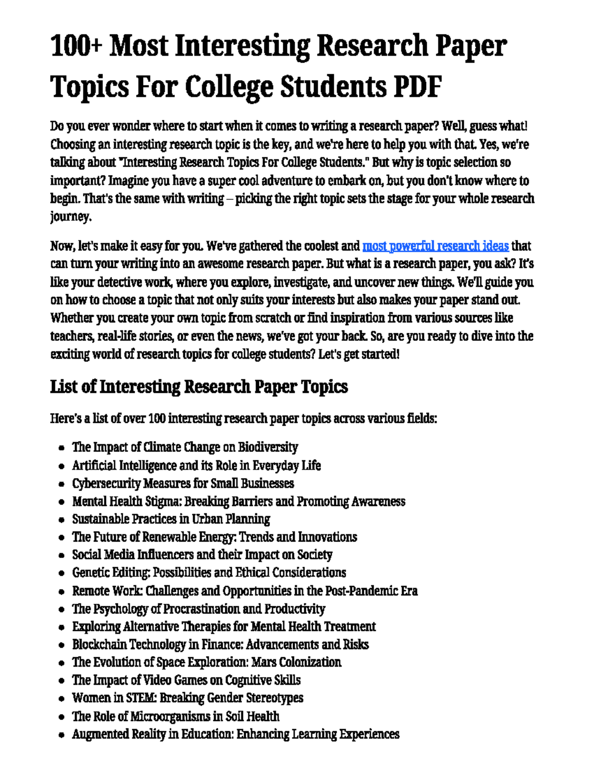 Interesting Research Paper Topics for College Students (Research) - Studocu