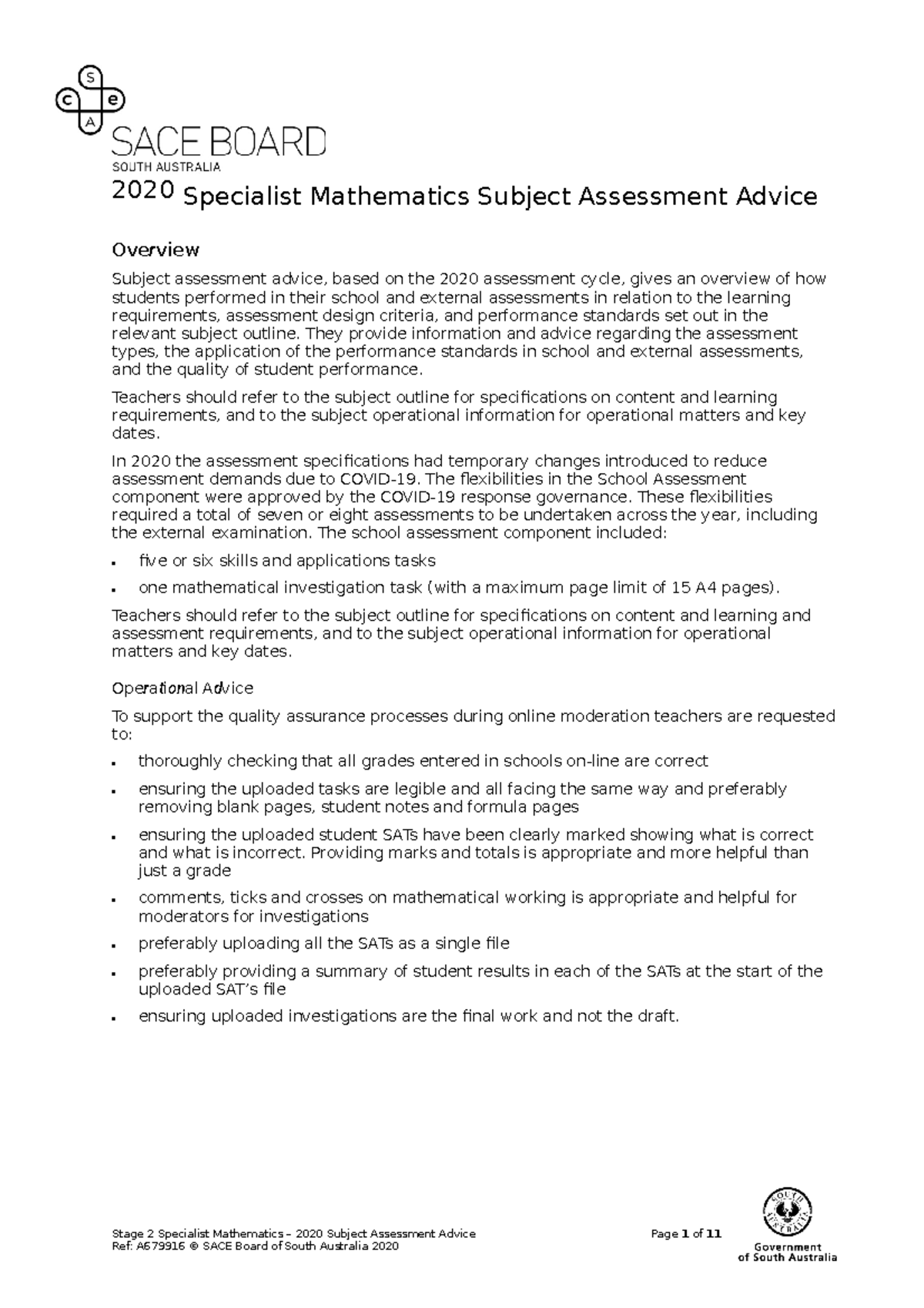 2020 Specialist Mathematics Stage 2 Assessment Overview and Advice ...