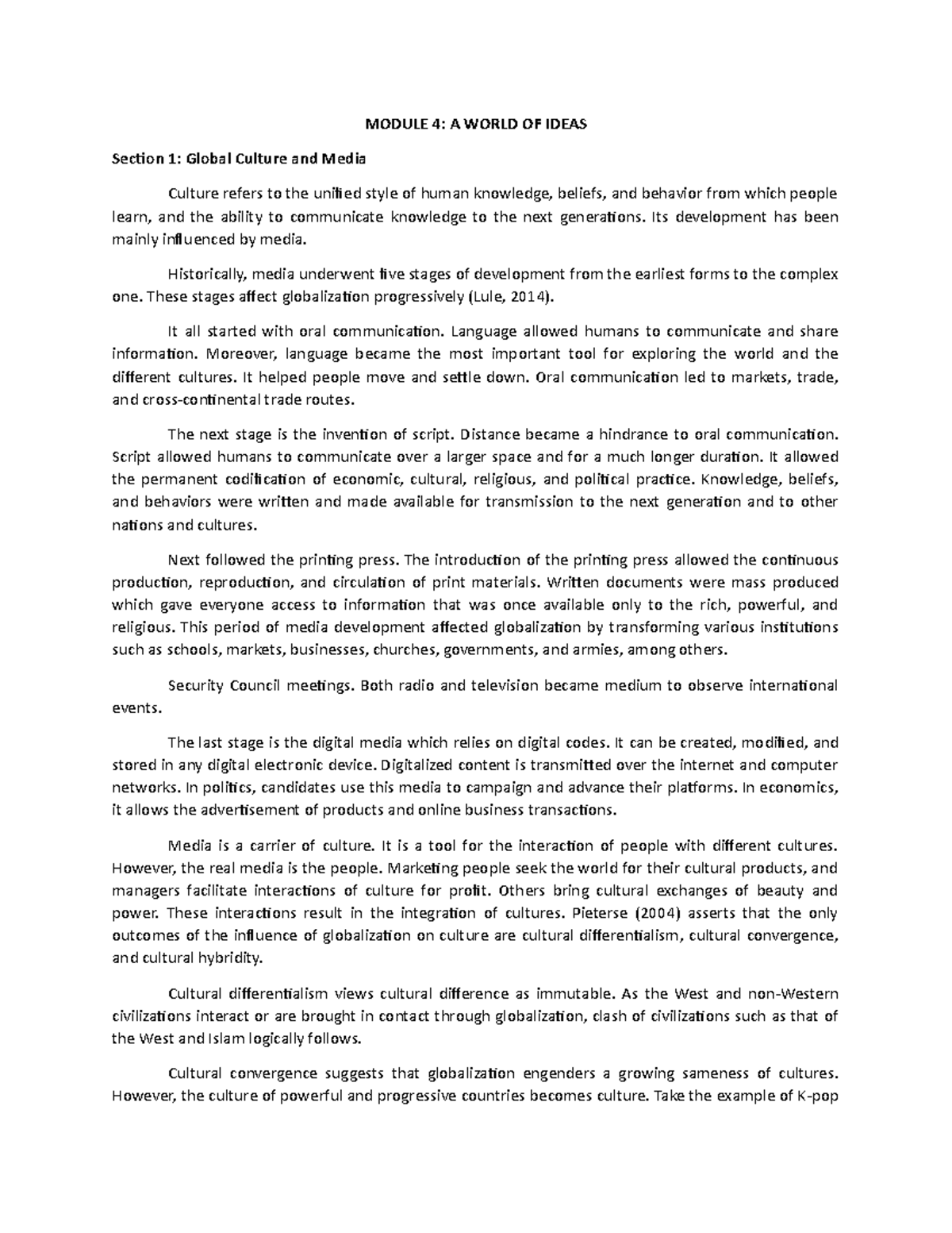 Module 4: Understanding Global Culture, Media, and Religion - Studocu