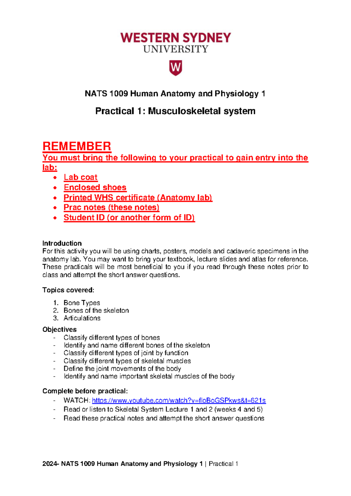 NATS 1009 Human Anatomy and Physiology 1 Practical 1: Musculoskeletal ...