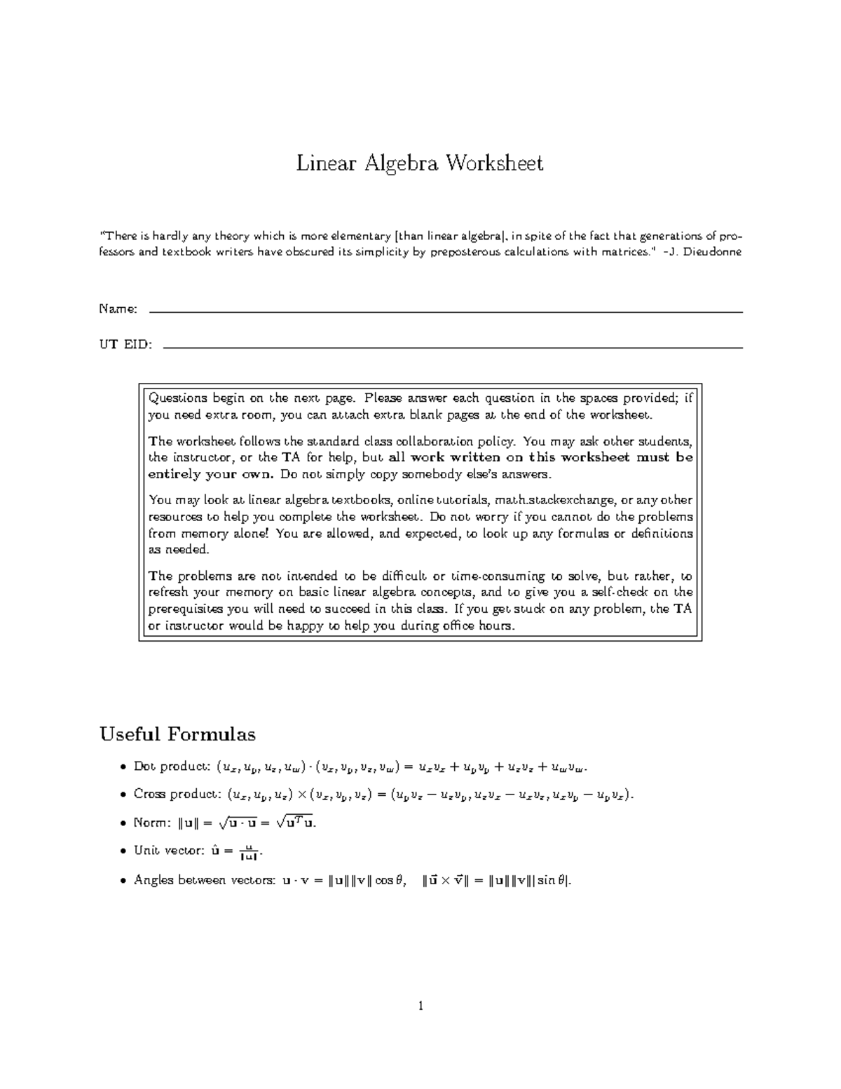 Linear Algebra Worksheet - Homework (Course Code: UT) - Studocu