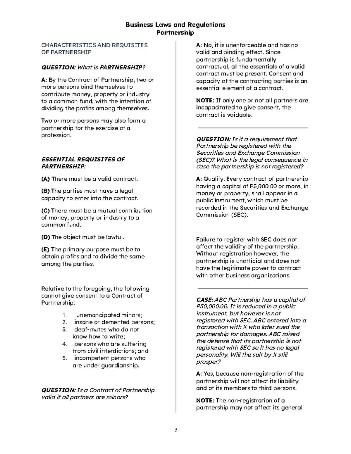 Business Laws and Regulations: Key Characteristics of Partnership (LAW ...