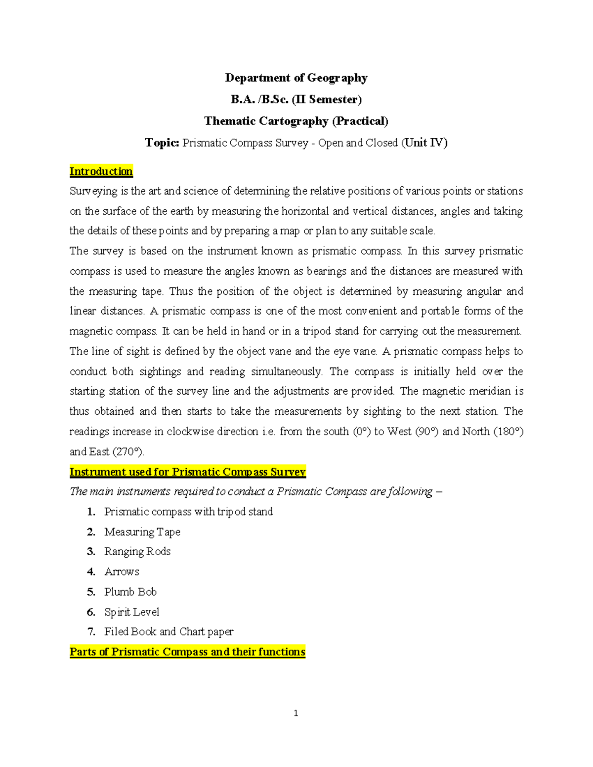 Unit IV Prismatic Compass Survey Techniques - Open & Closed Methods ...
