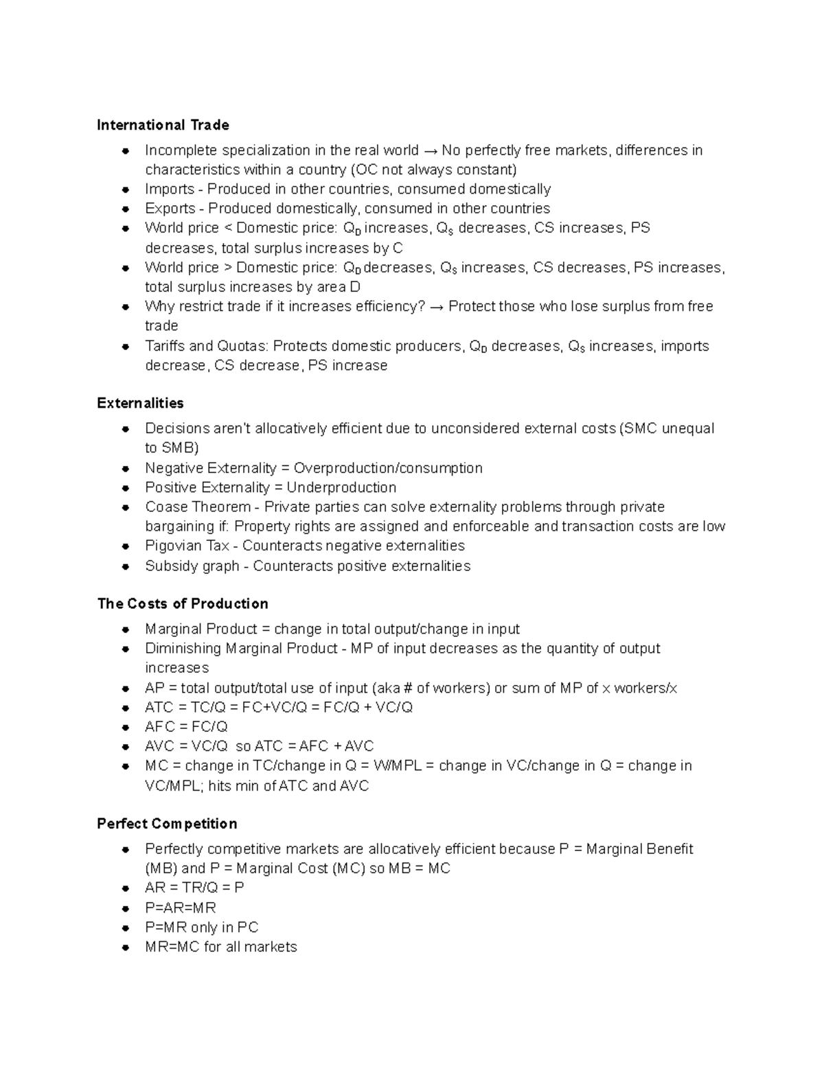 Econ 200 Final Study Notes on Trade, Externalities, and Costs - Studocu