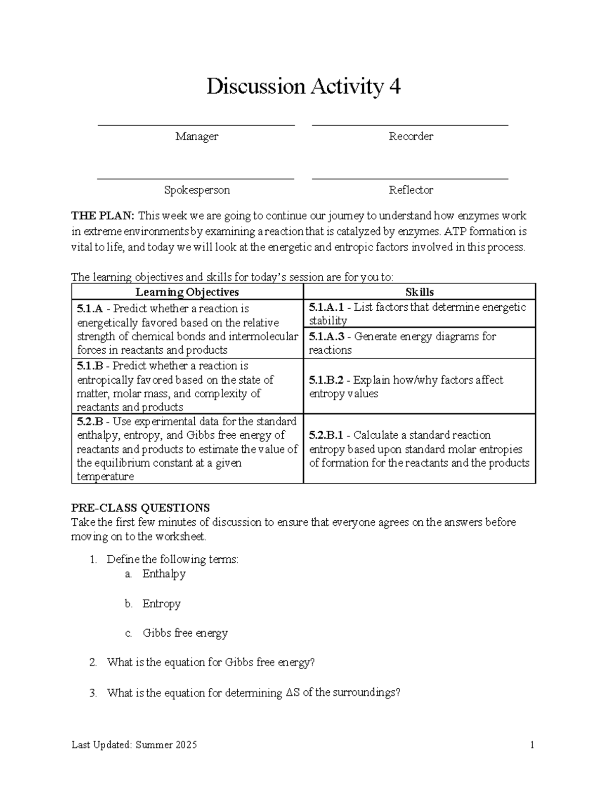 Discussion Activity 04: Enzyme Reactions and Thermodynamics Analysis ...