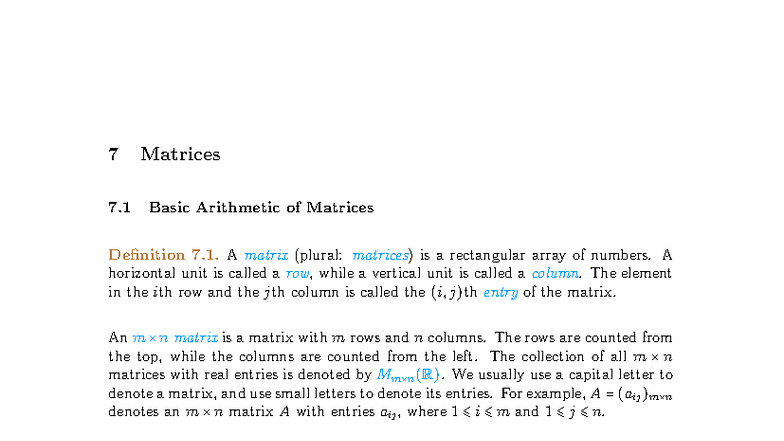 Matrices: Basic Arithmetic and Properties (Section 7) - Studocu