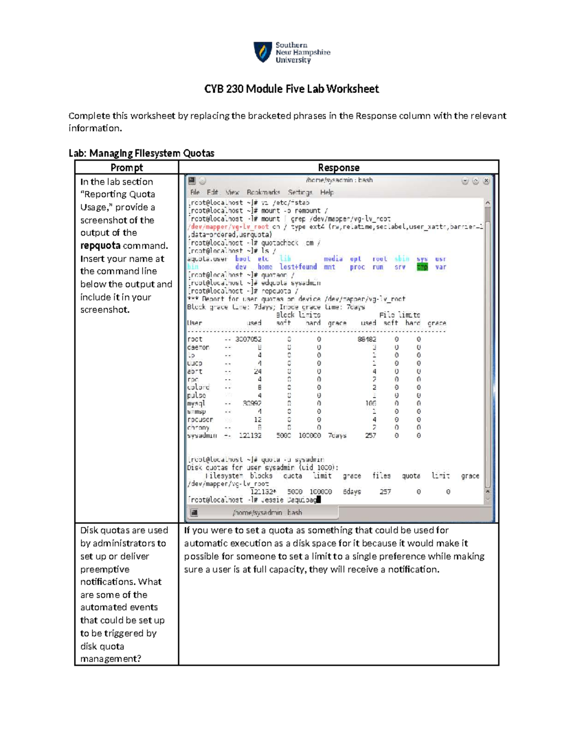 CYB 230 Module 5 Lab: Managing Filesystem Quotas Worksheet - Studocu