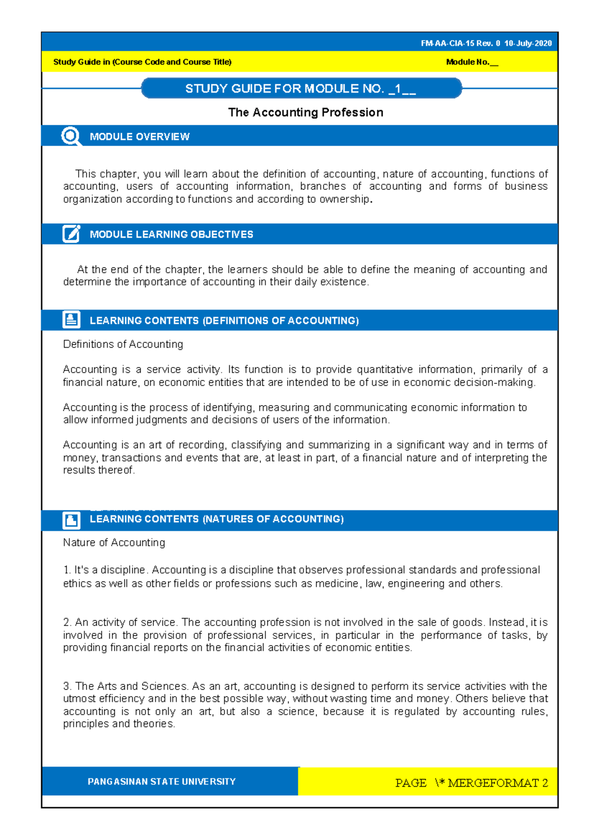 SG1 Accounting 101 Study Guide for Module 1: The Accounting Profession ...