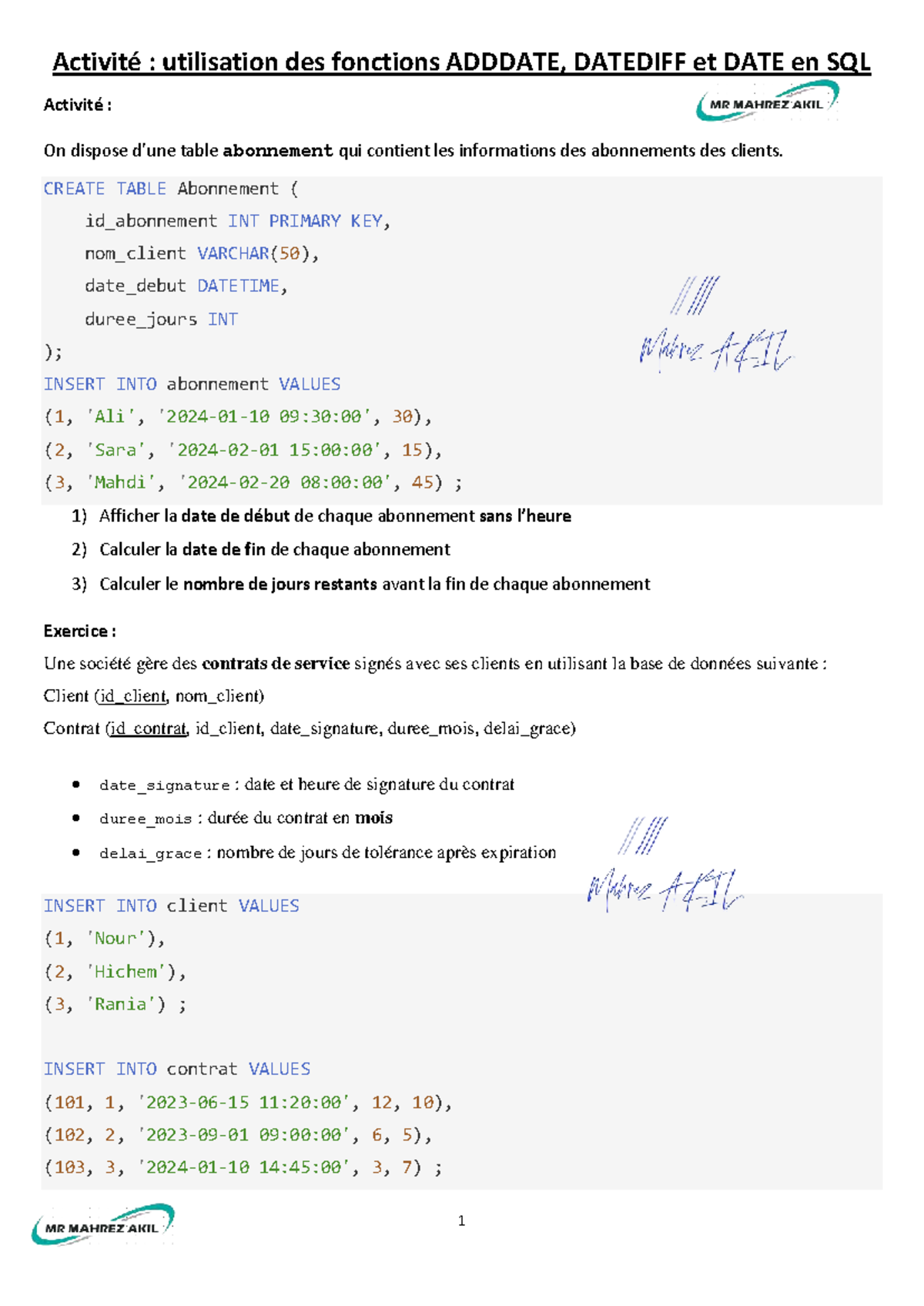 Activité SQL : Fonctions DATEDIFF et DATE en Abonnements - Studocu