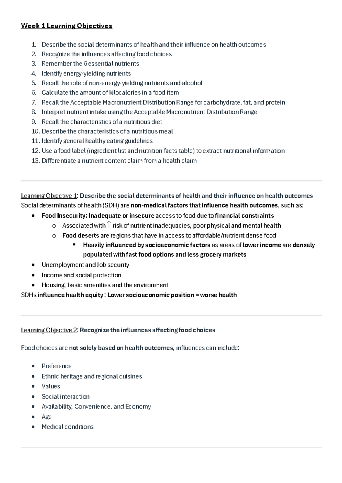 Nutrition Midterm Notes: Key Learning Objectives and Concepts - Studocu