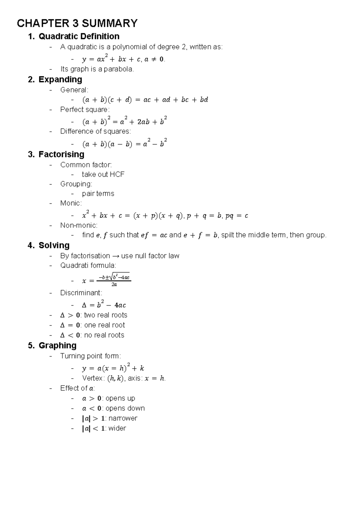 Year 11 Math Methods CH3 Summary: Quadratic Functions & Graphs - Studocu