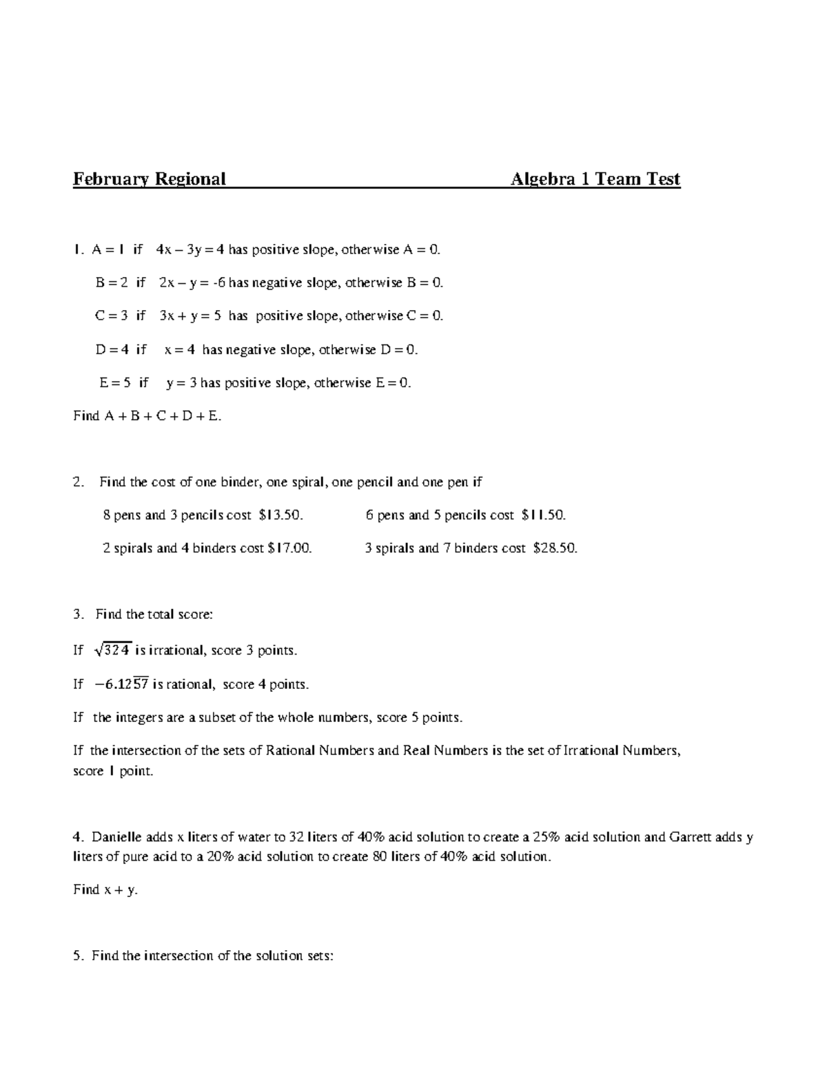 Algebra 1 Team Test - February Regional 1 - Studocu