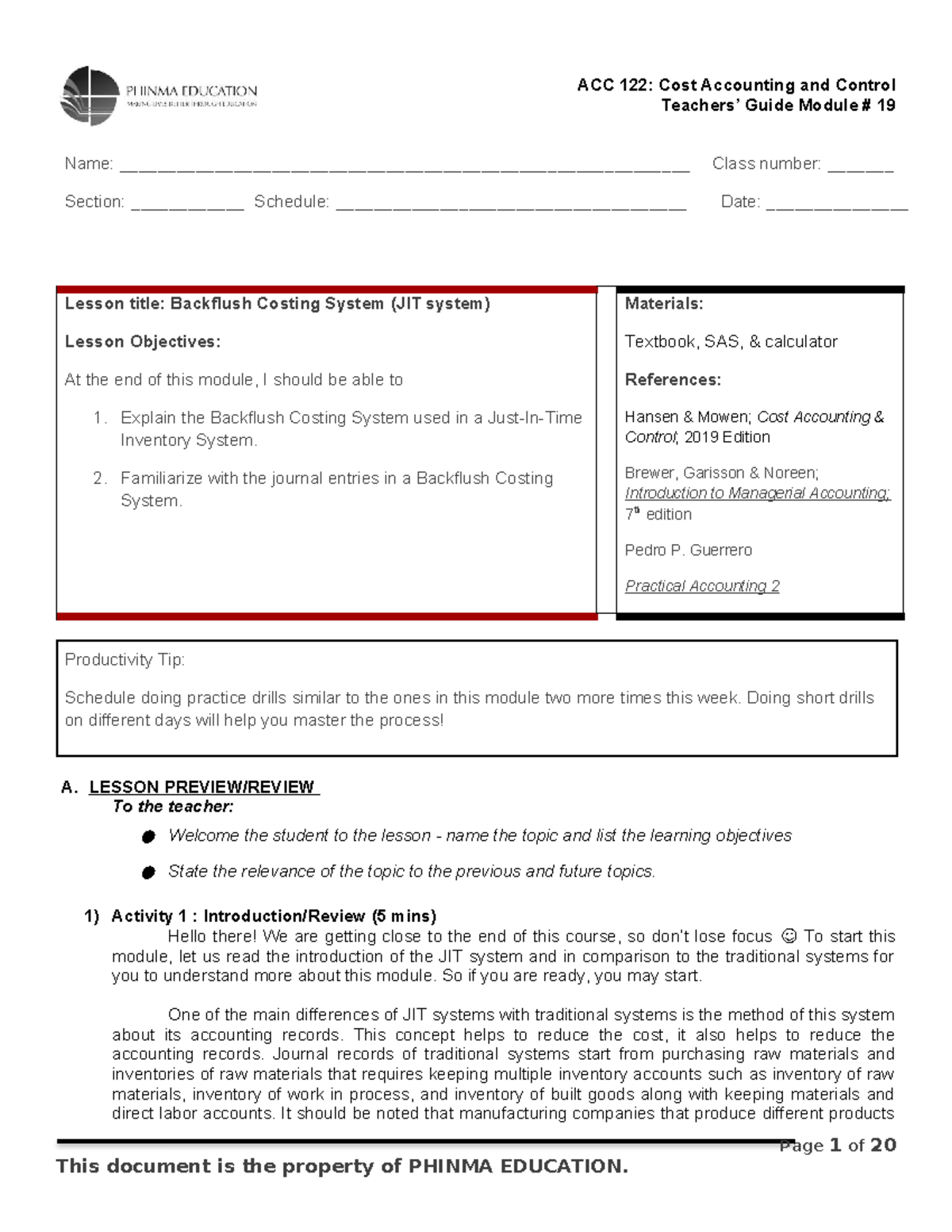 ACC-122 TG DAY-19 - notes - Teachers’ Guide Module # 19 Name: - Studocu