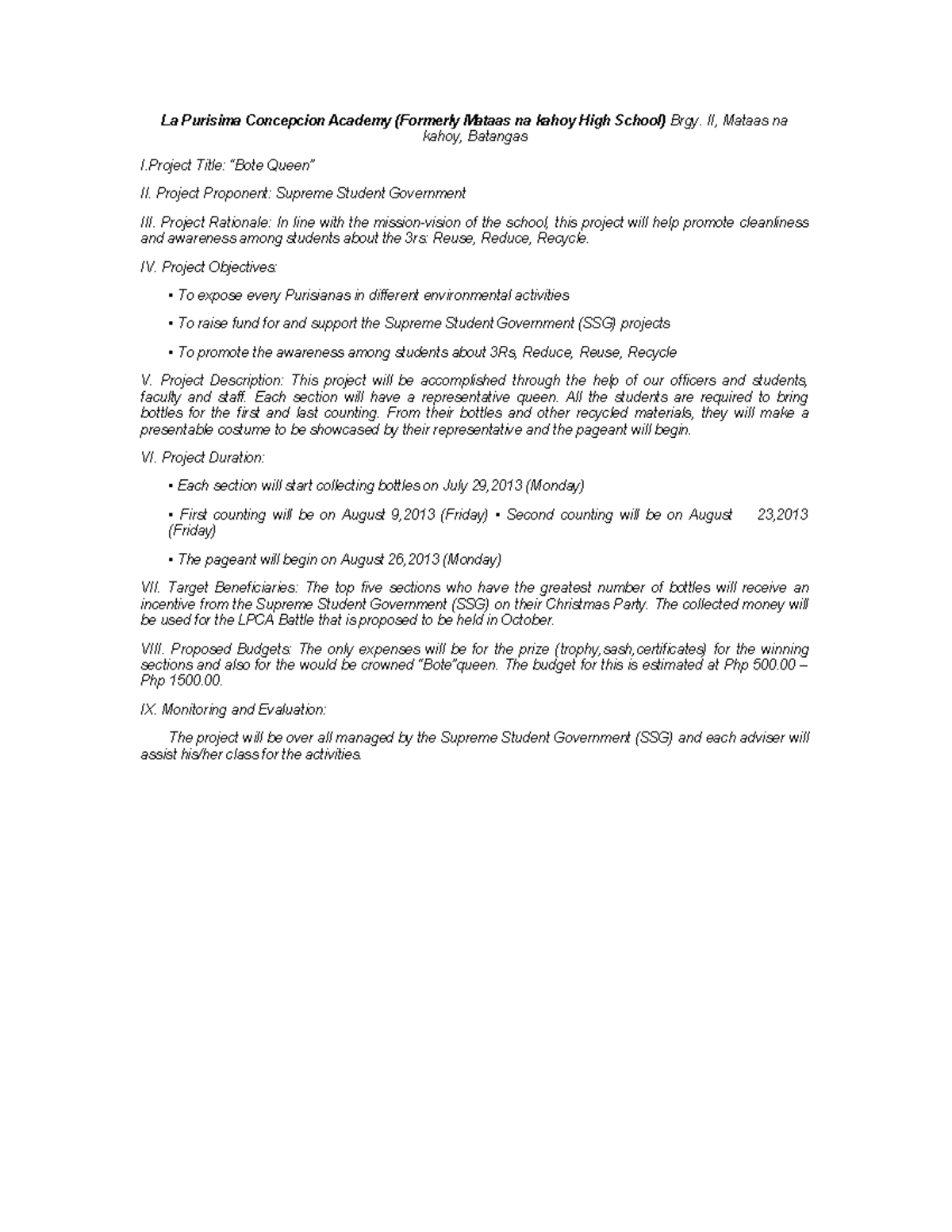 Project Proposal for “Bote Queen” Initiative by SSG at LPCA - Studocu