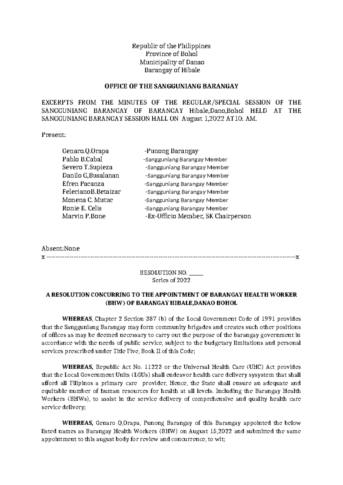 Resolution Concerning Appointment of BHWs in Barangay Hibale, Danao ...
