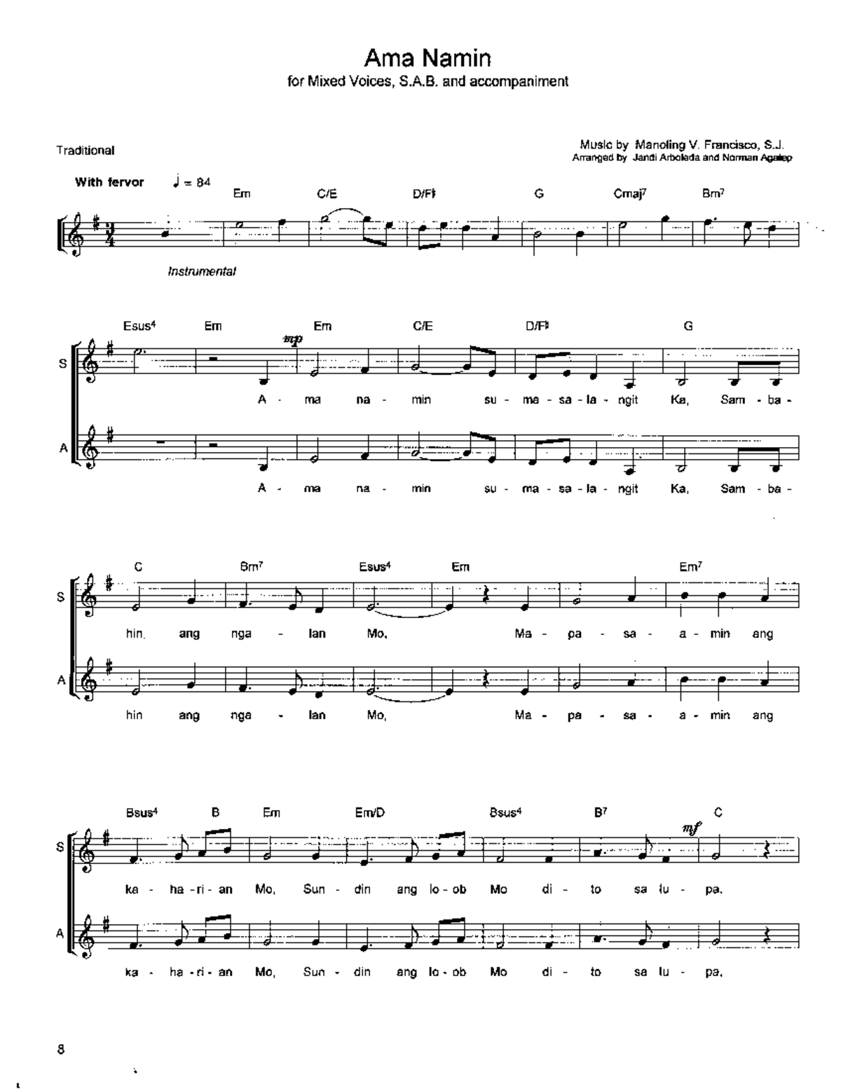 Ama Namin for Mixed Voices, SAB - Music Arrangement Notes - Studocu