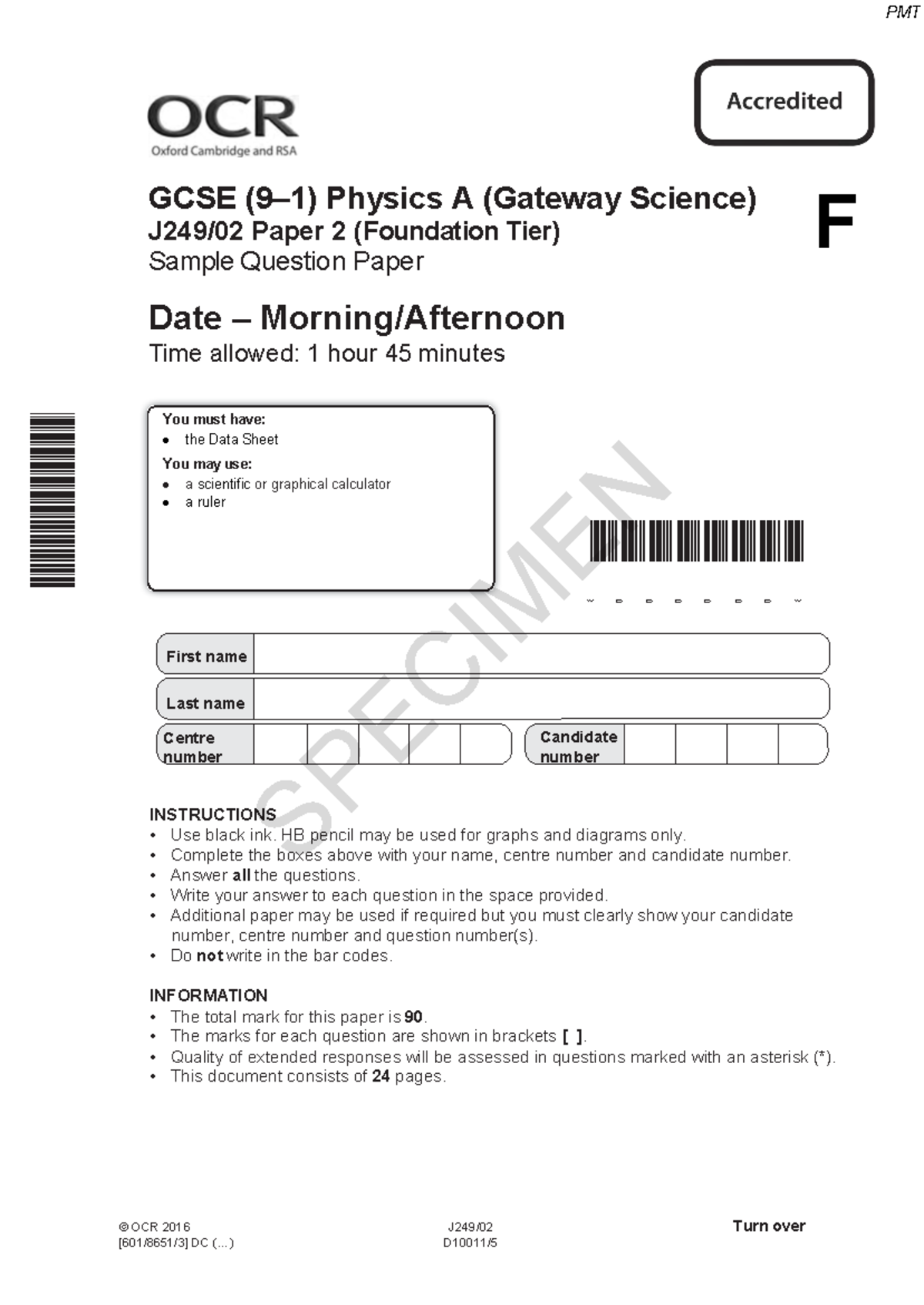 Specimen QP - Paper 2 OCR (A) Physics GCSE - © OCR 2016 J249/02 Turn ...