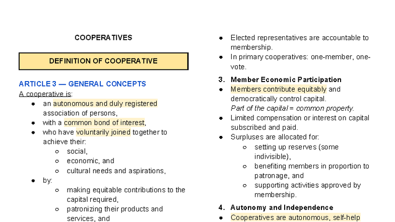 COOPERATIVES: DEFINITION, PRINCIPLES, AND REGULATIONS OVERVIEW - Studocu