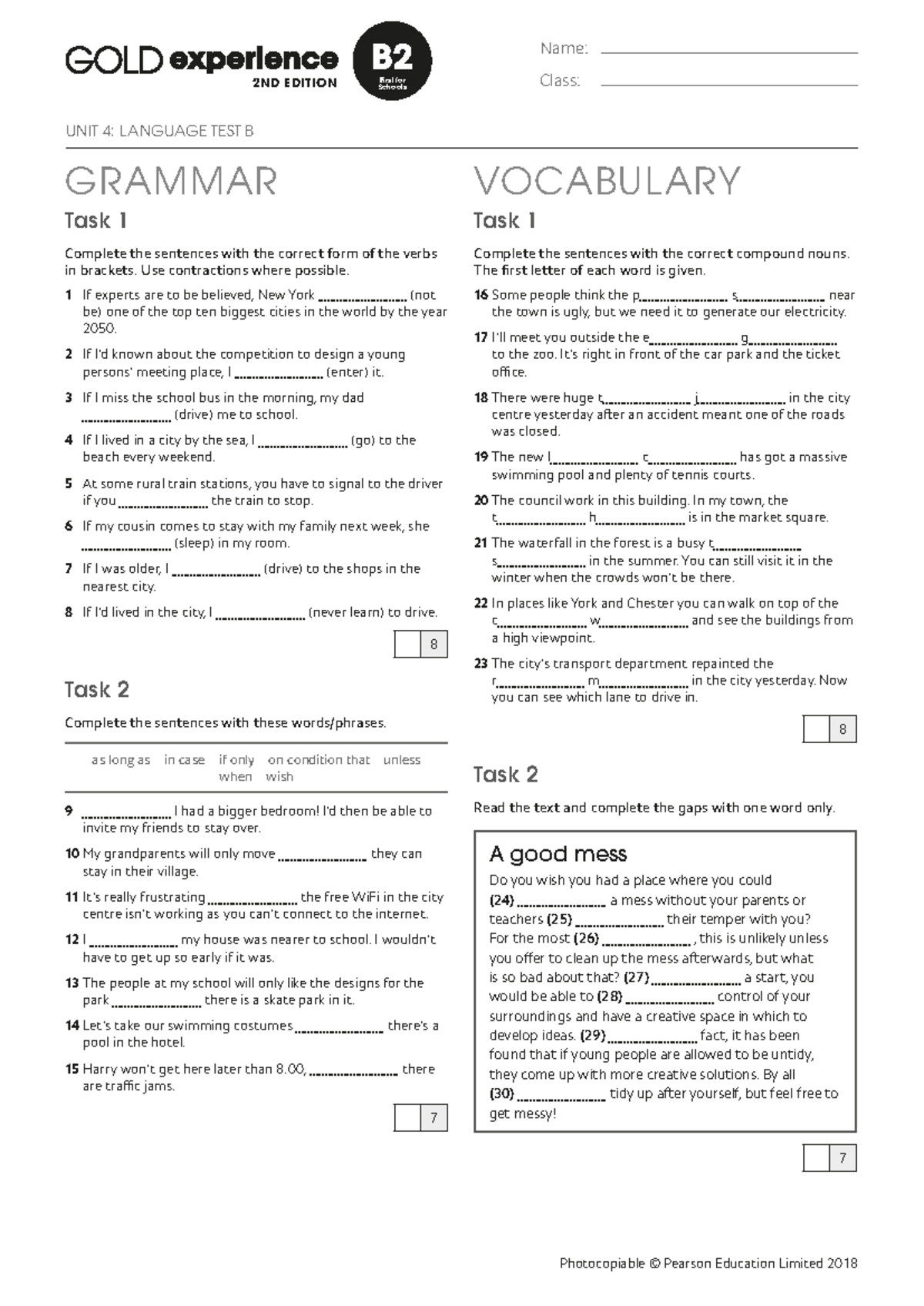 Gold Experience B2 Unit 4 Language Test B - Vocabulary & Grammar - Studocu