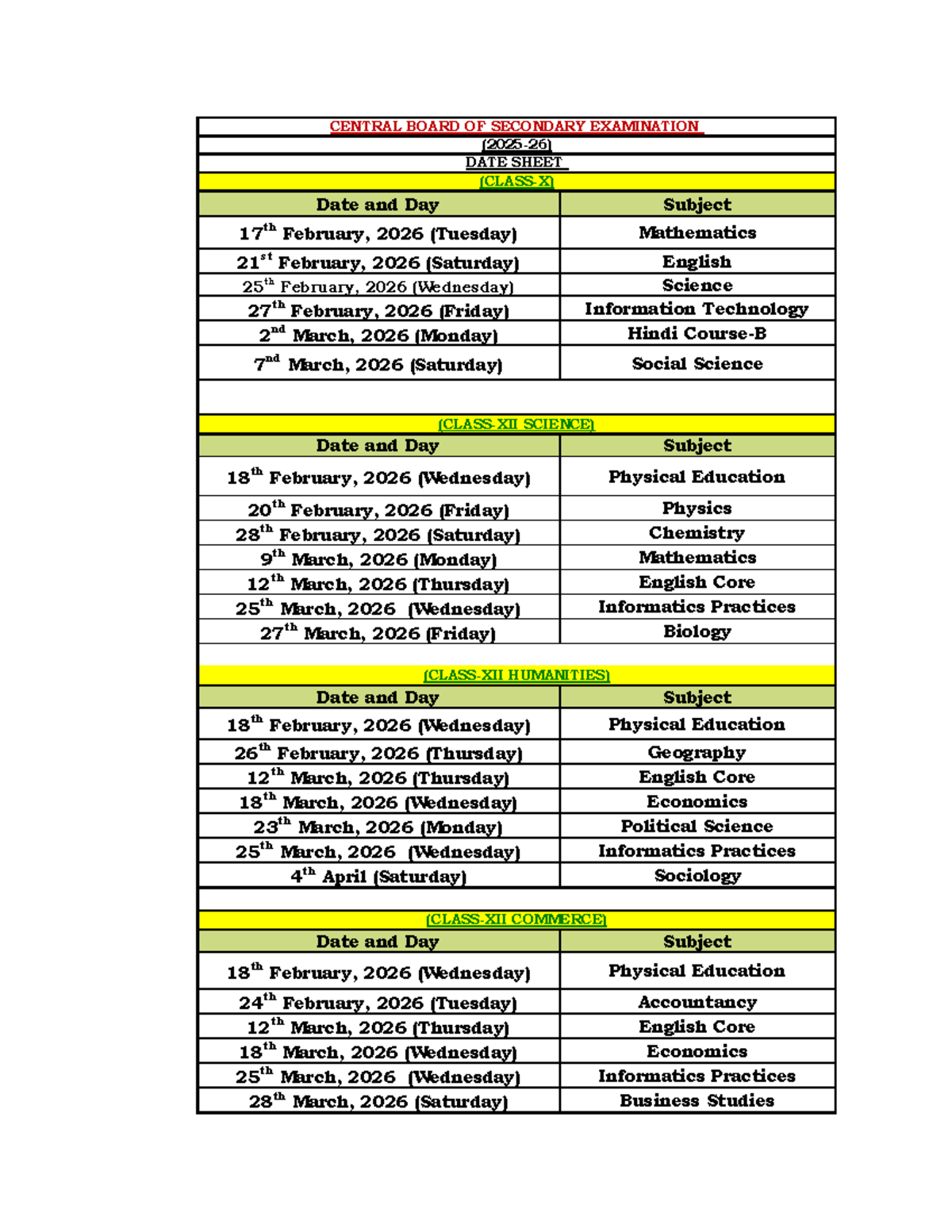 Class X & XII Board Exam Date Sheet (2025-26) - Studocu