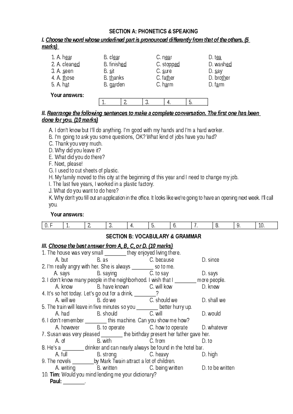 Phonetics Speaking I & Vocabulary Grammar Practice (ENG 101) - Studocu