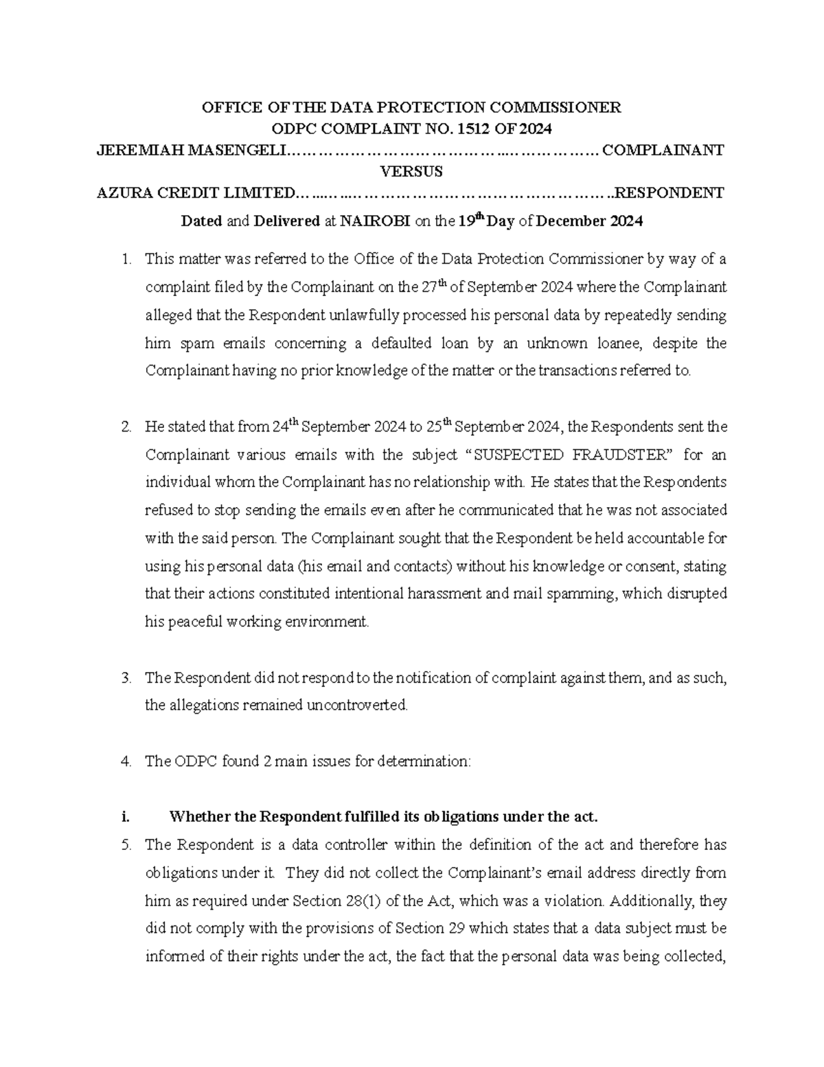 Case Brief: ODPC Complaint No. 1512 of 2024 - Jeremiah vs. Azura Credit ...