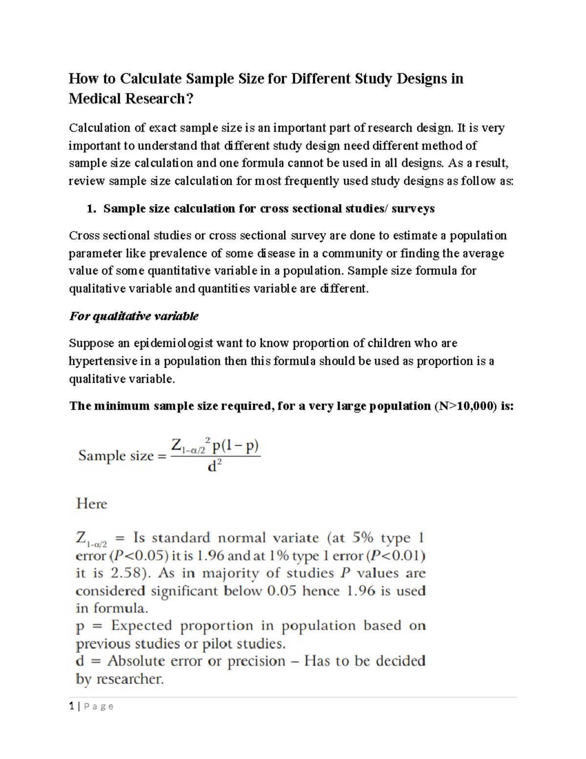 Sample Size Calculation for Various Study Designs in Medical Research ...