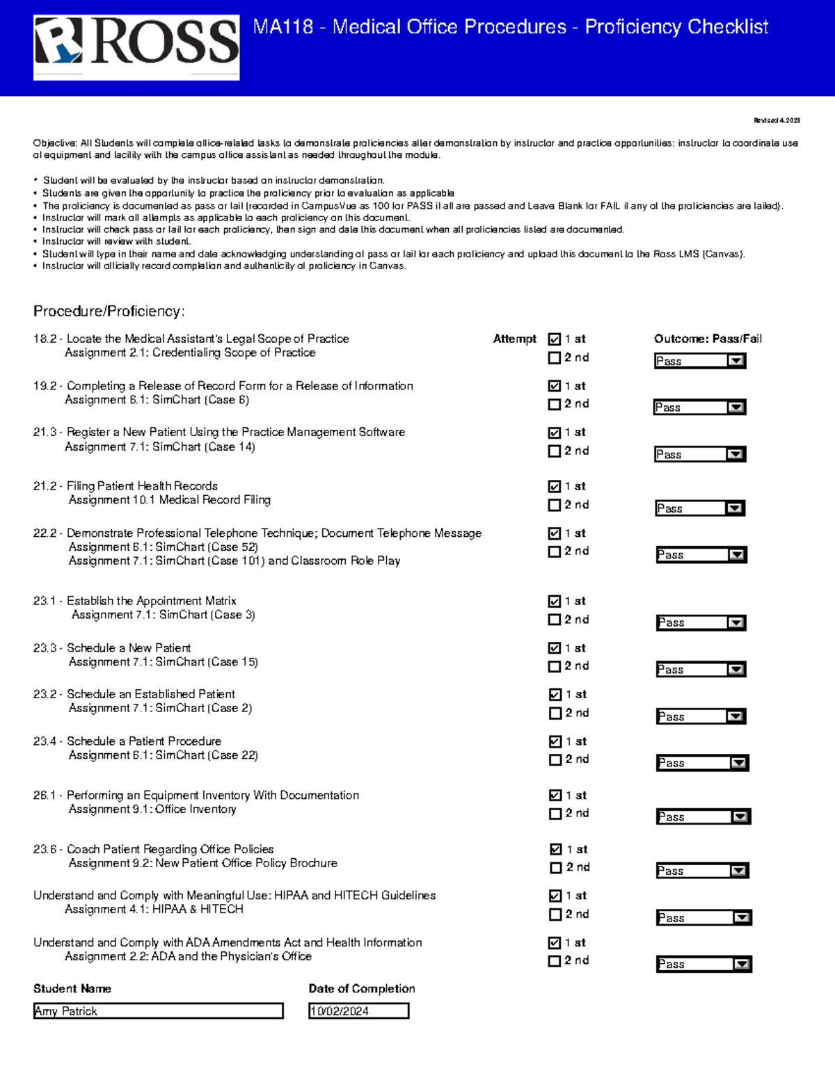 MA118 Medical Office Procedures Proficiency Checklist 4-2023 - Studocu