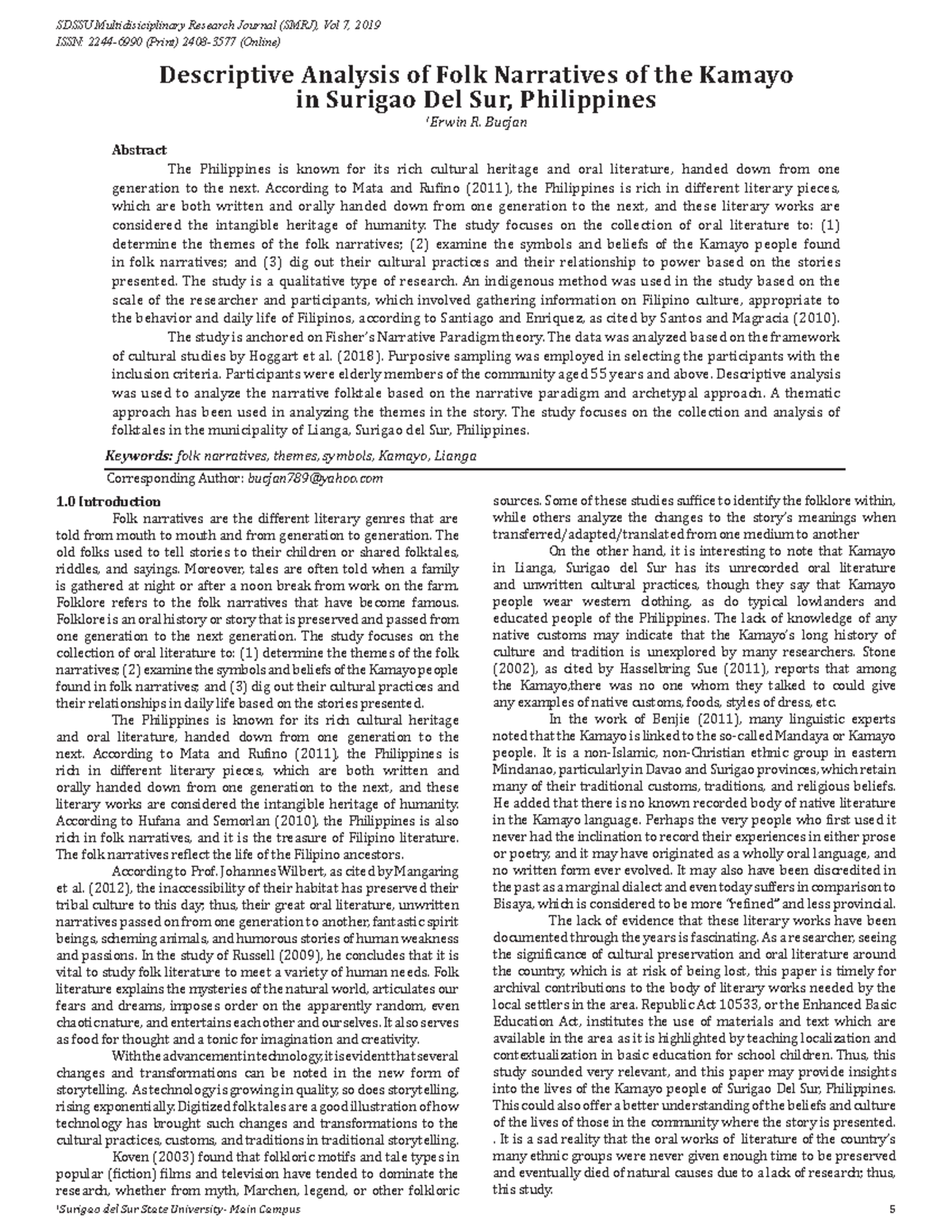 Descriptive Analysis of Folk Narratives: Kamayo in Lianga, SDS 101 - Studocu