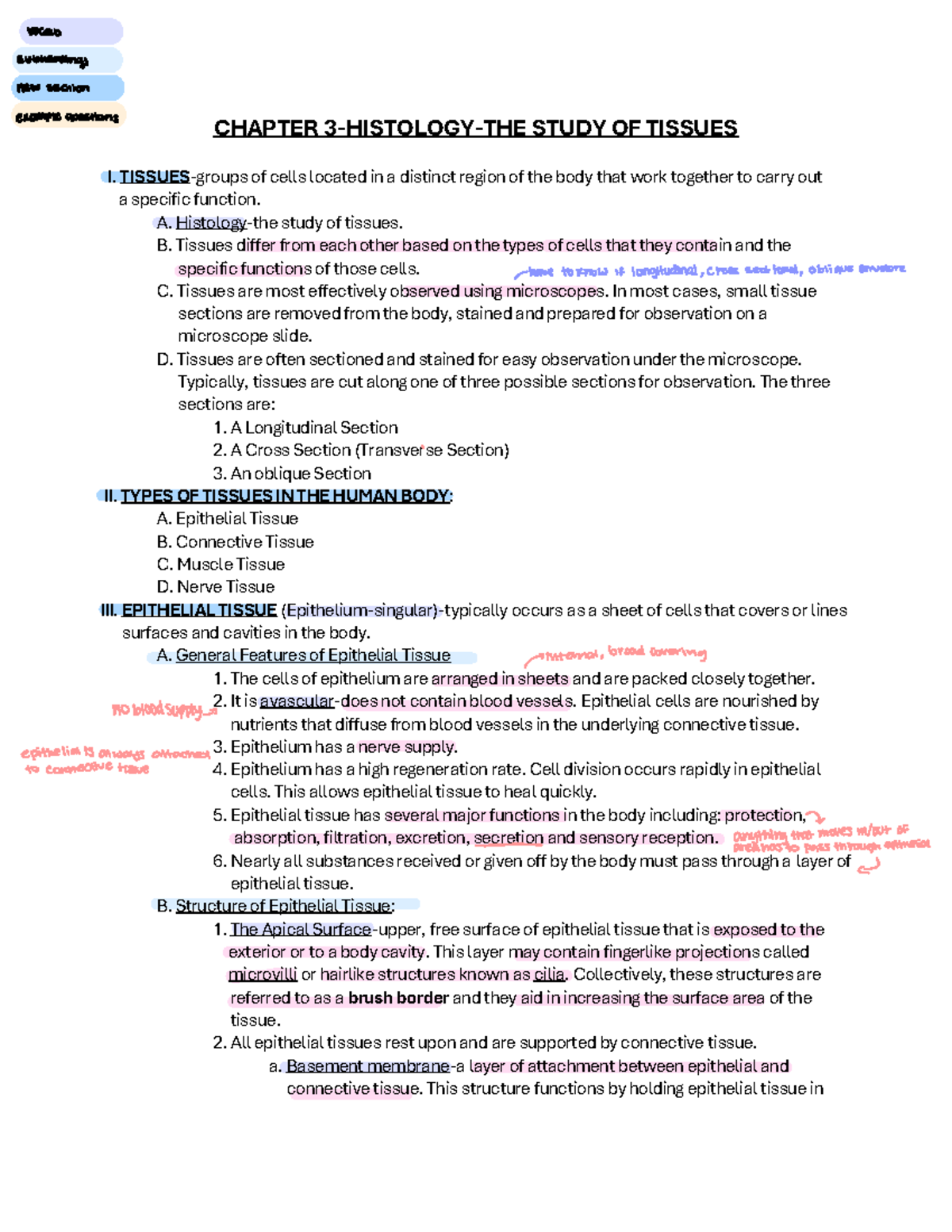 Histology: Study of Tissues and Epithelial Functions (CHAPTER) - Studocu