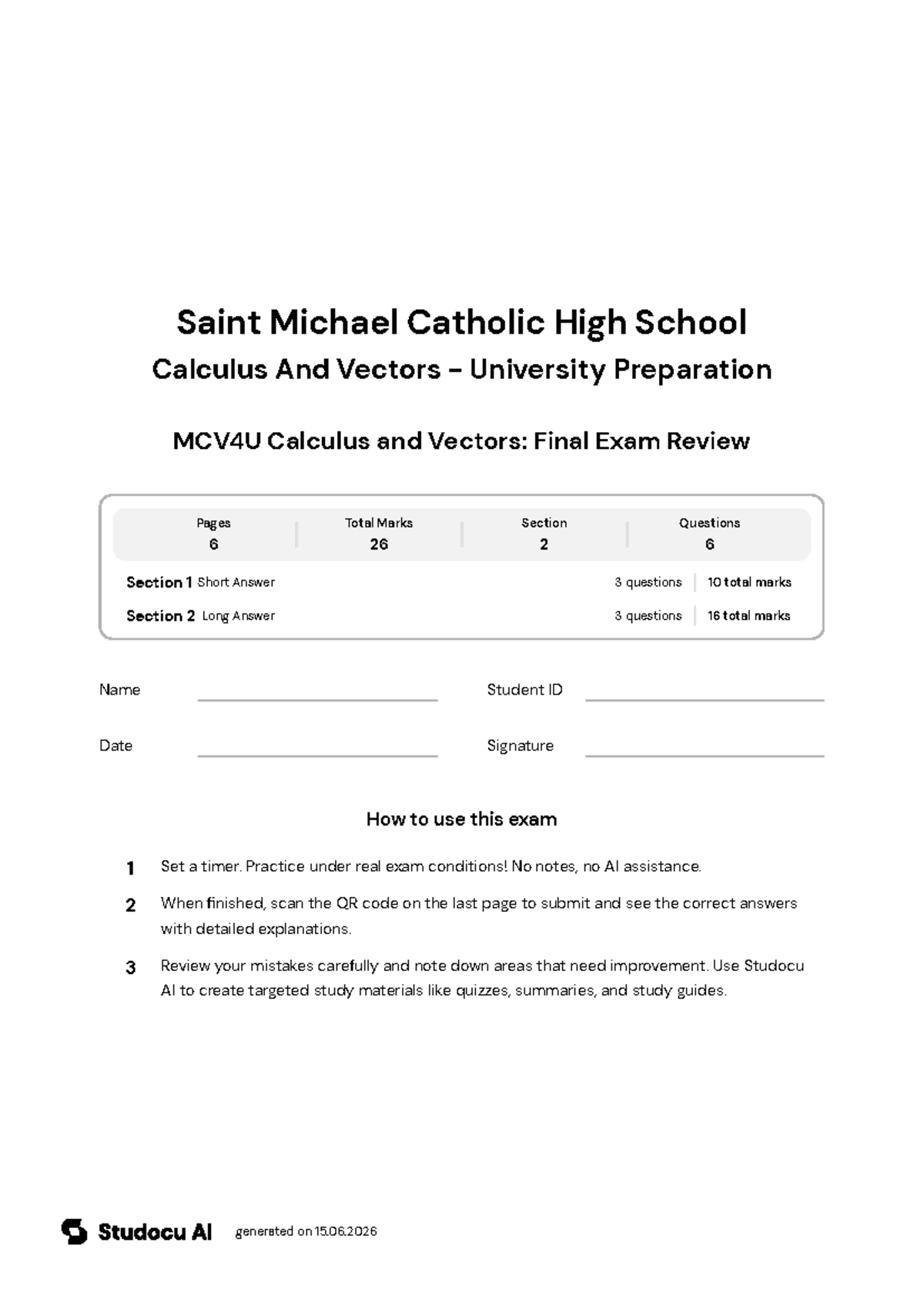 MCV4U Calculus and Vectors: Final Exam Review - Studocu