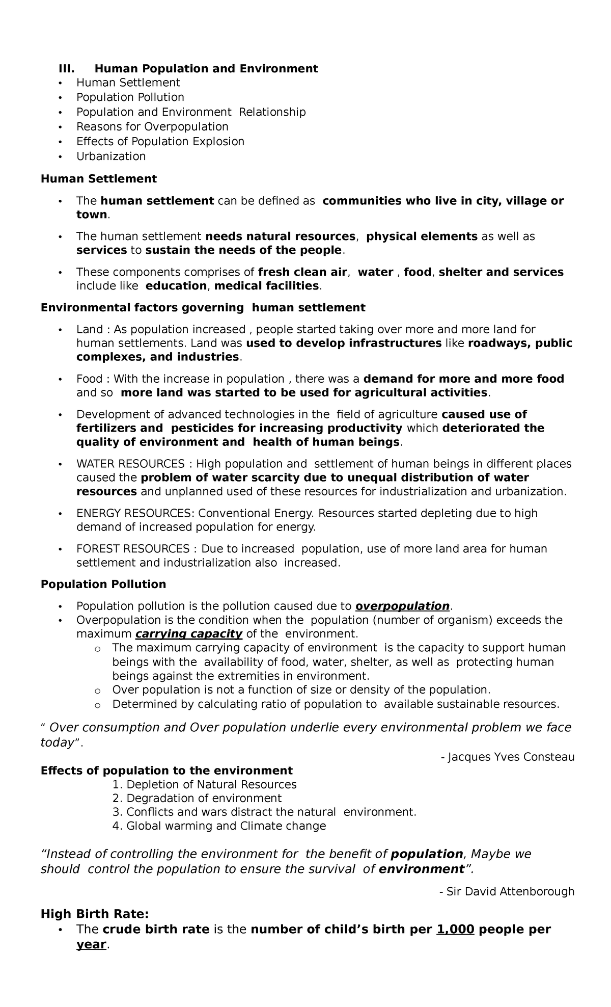 PPL ENV 3 - Human Population, Environment & Urbanization Notes - Studocu