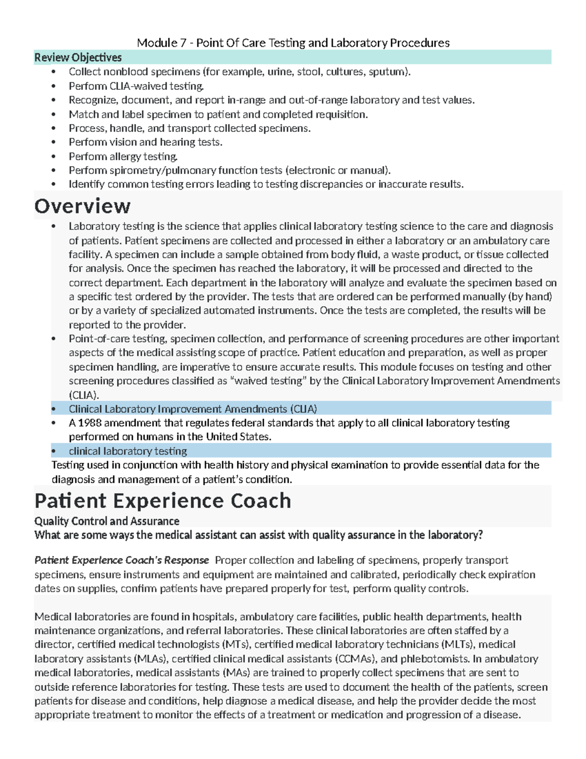 Module 7: Point of Care Testing & Lab Procedures Review - Studocu