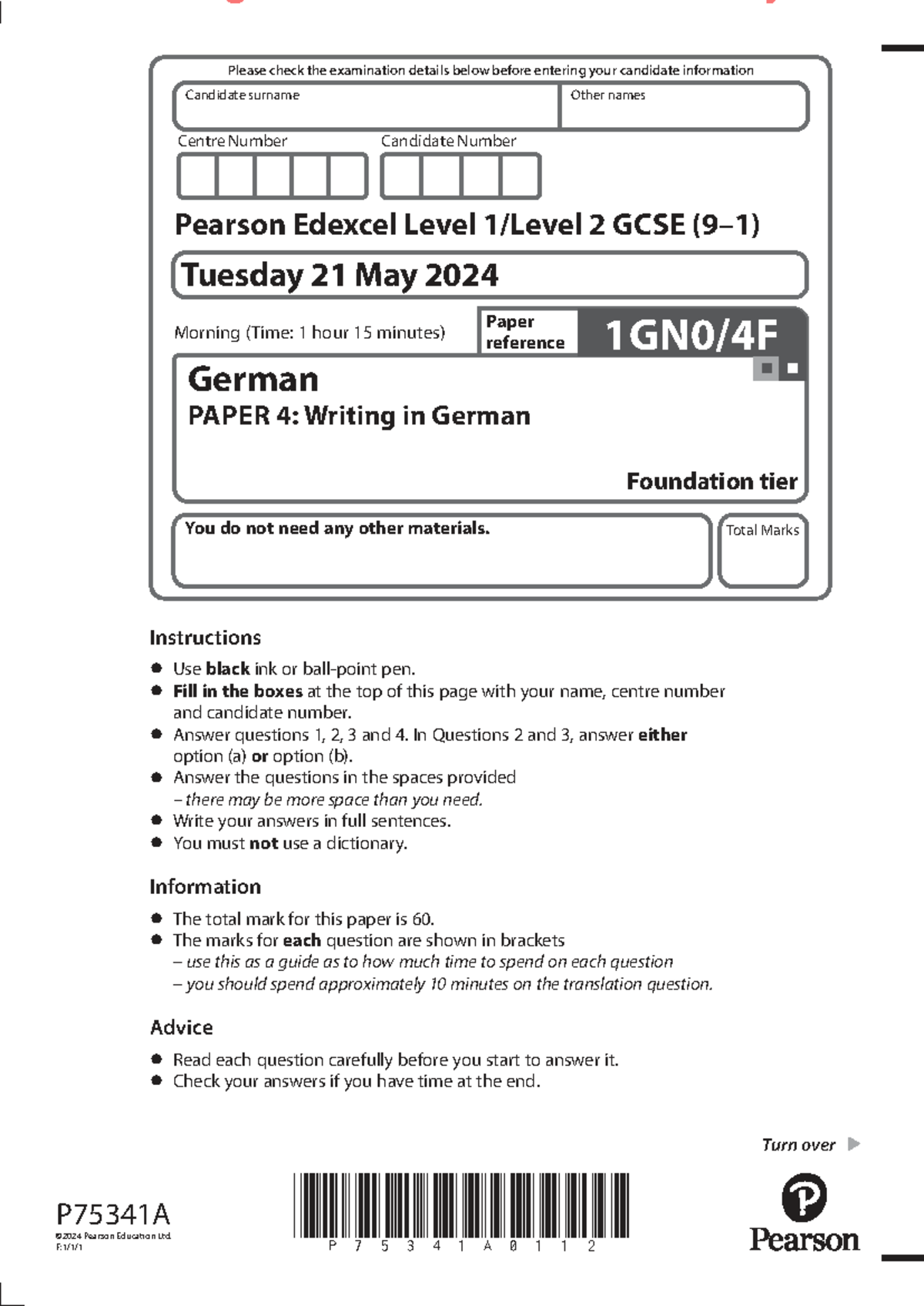1gn0-German F-Paper 4: Writing Exam Instructions and Questions - Studocu