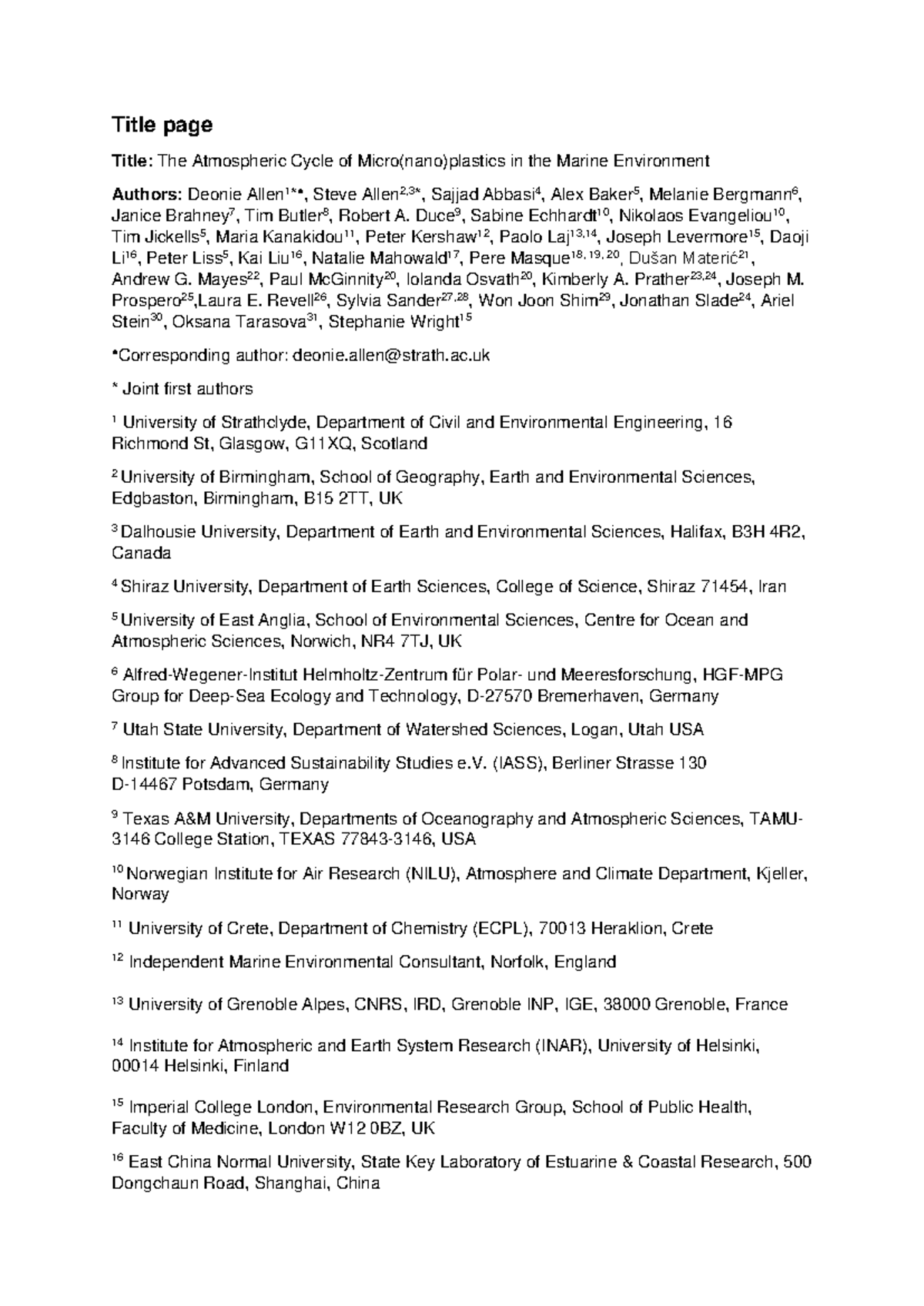 NOAA 65978 DS1 - Atmospheric Cycle of Micro(nano)plastics in Marine ...