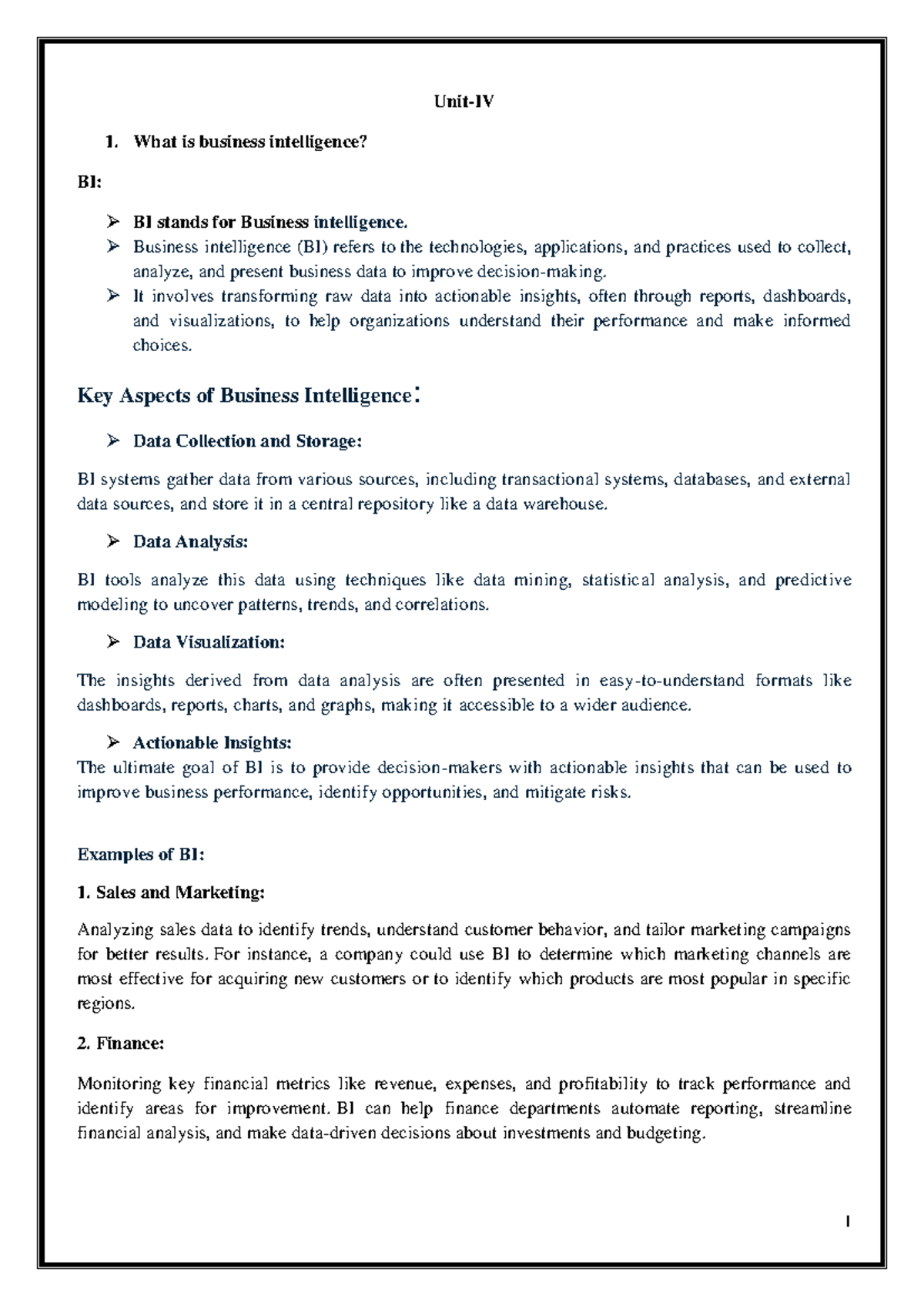 Unit 4: Business Intelligence Overview and Applications in Analytics - Studocu